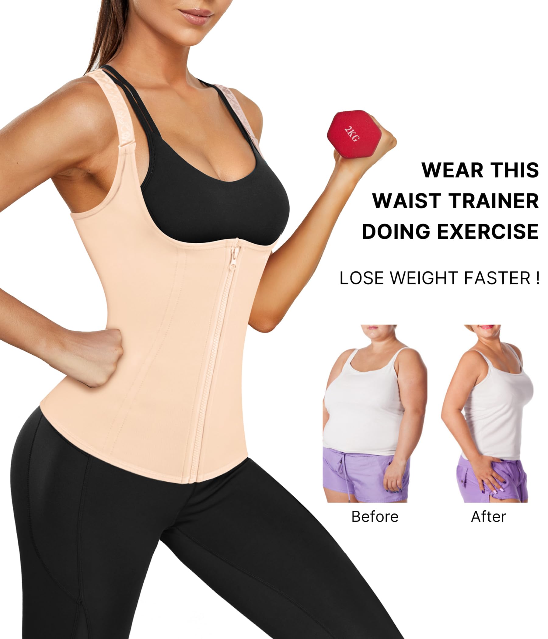 Nebility Women Waist Trainer Corset Zipper Vest Body Shaper Cincher Tank Top with Adjustable Straps (M, Beige)