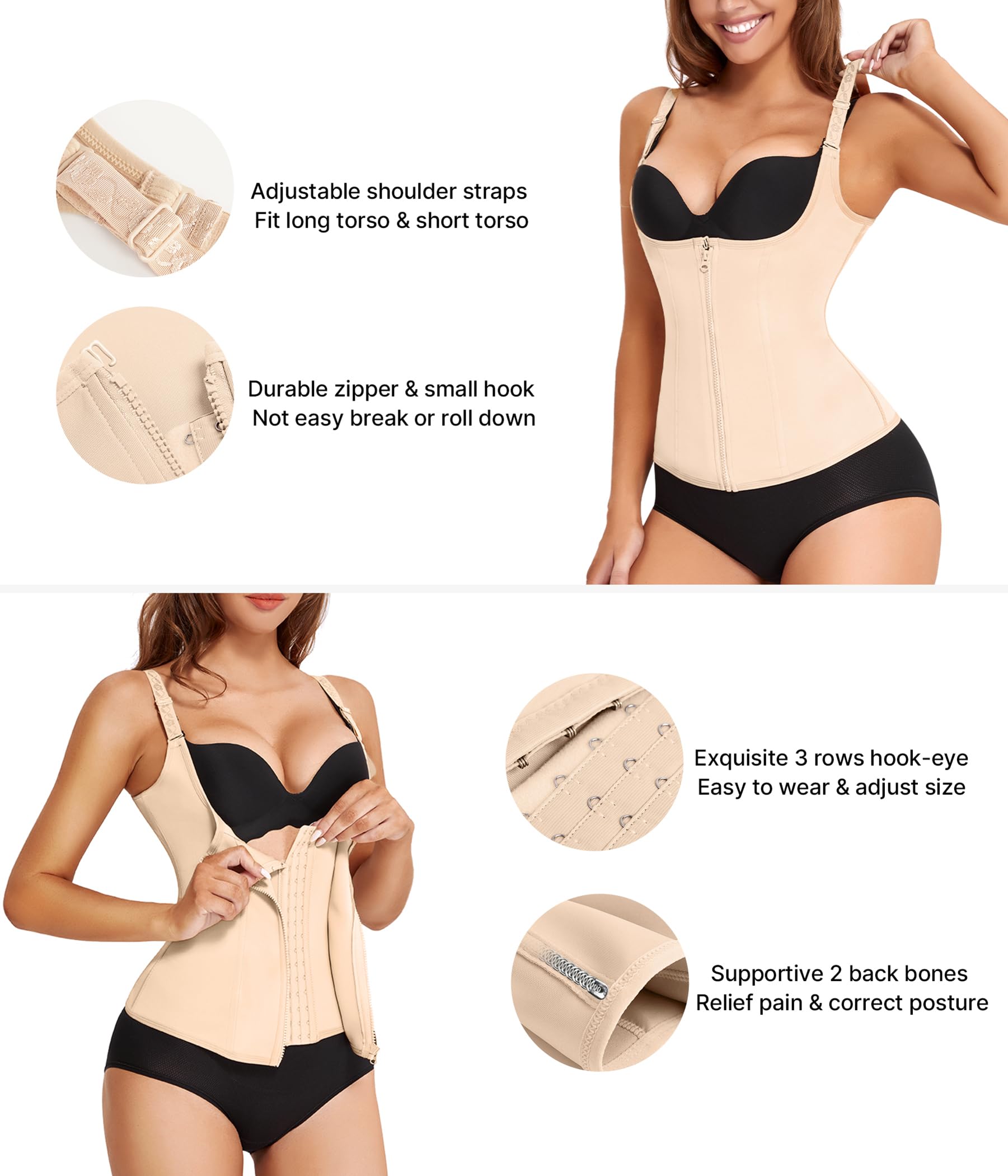Nebility Women Waist Trainer Corset Zipper Vest Body Shaper Cincher Tank Top with Adjustable Straps (M, Beige)