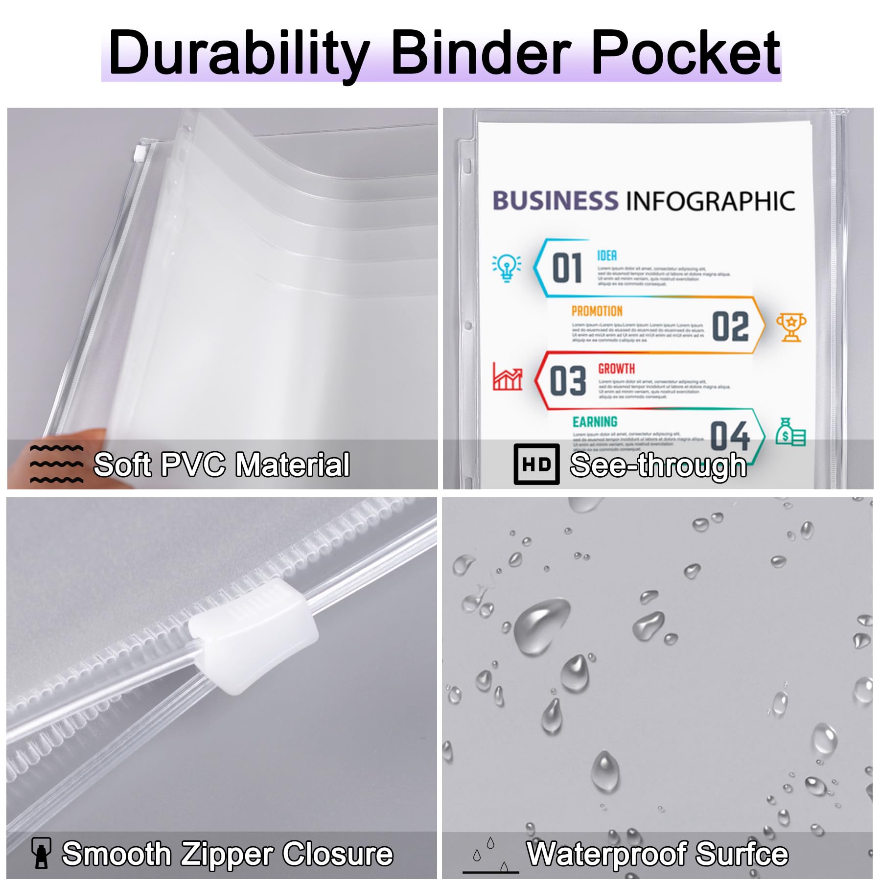 Antner 12 Pack Letter Size Binder Pockets 3 Holes Zipper Binder Folders for 3-Ring Binder, Clear PVC Loose Leaf Bag Binder Pouch Insert Pages Sheet Protectors Waterproof Document Filling Storage Bags