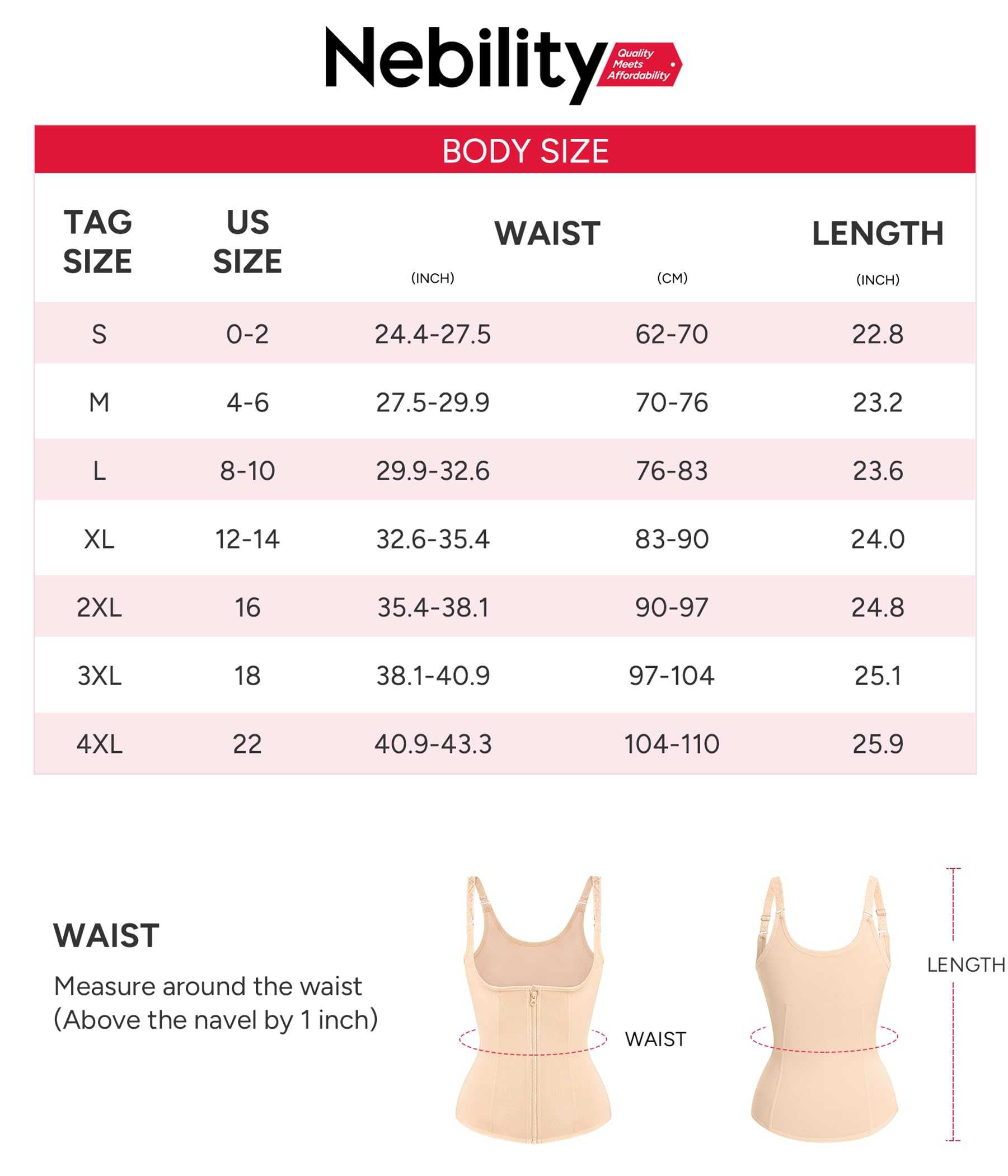 Nebility Women Waist Trainer Corset Zipper Vest Body Shaper Cincher Tank Top with Adjustable Straps (M, Beige)