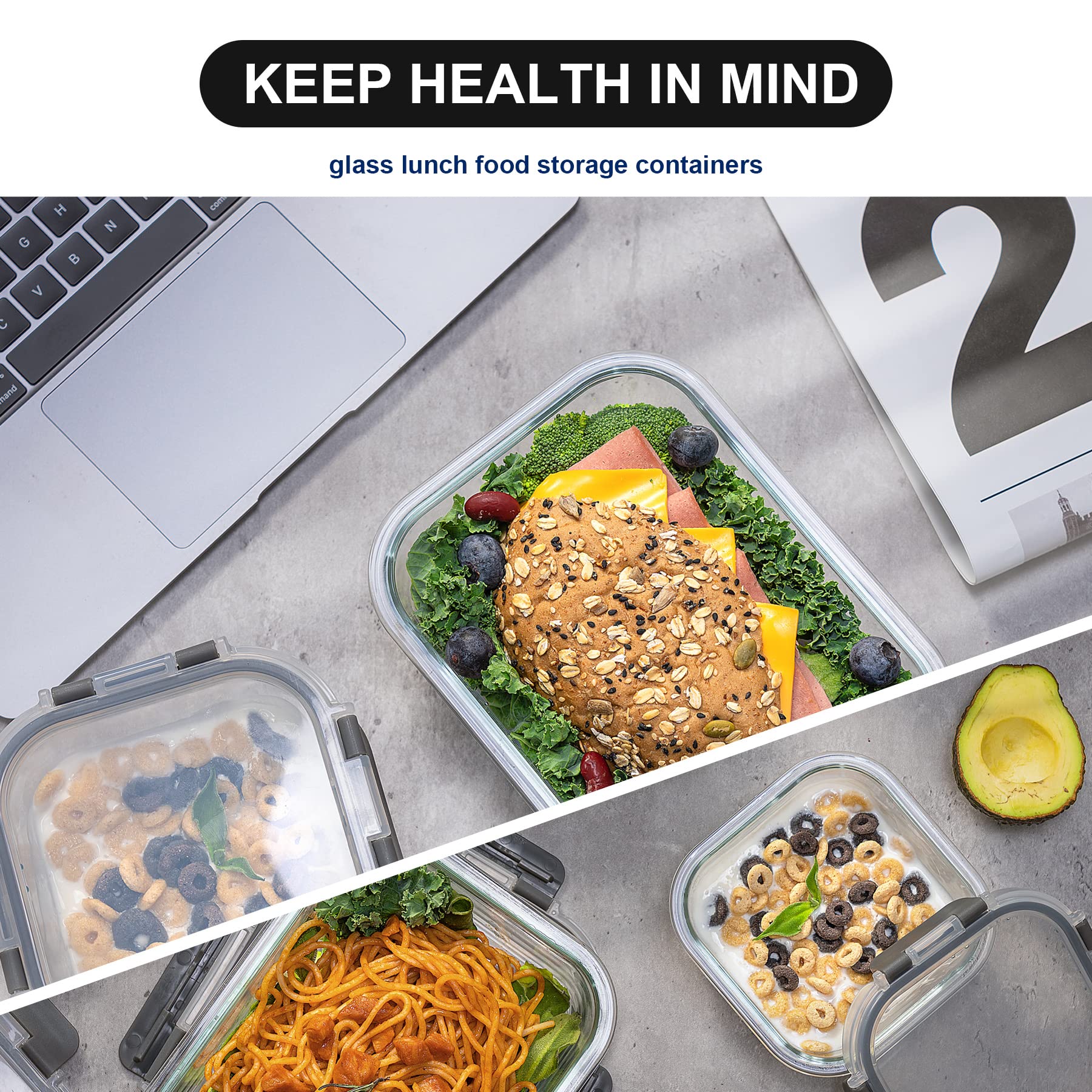 Glass Food Storage Containers with Lids Airtight,Glass Meal Prep Containers for Lunch Food Storage with Lids,Glass Food Container Set,Glass Lunch Box for Kitchen,BPA Free(20 Pieces)