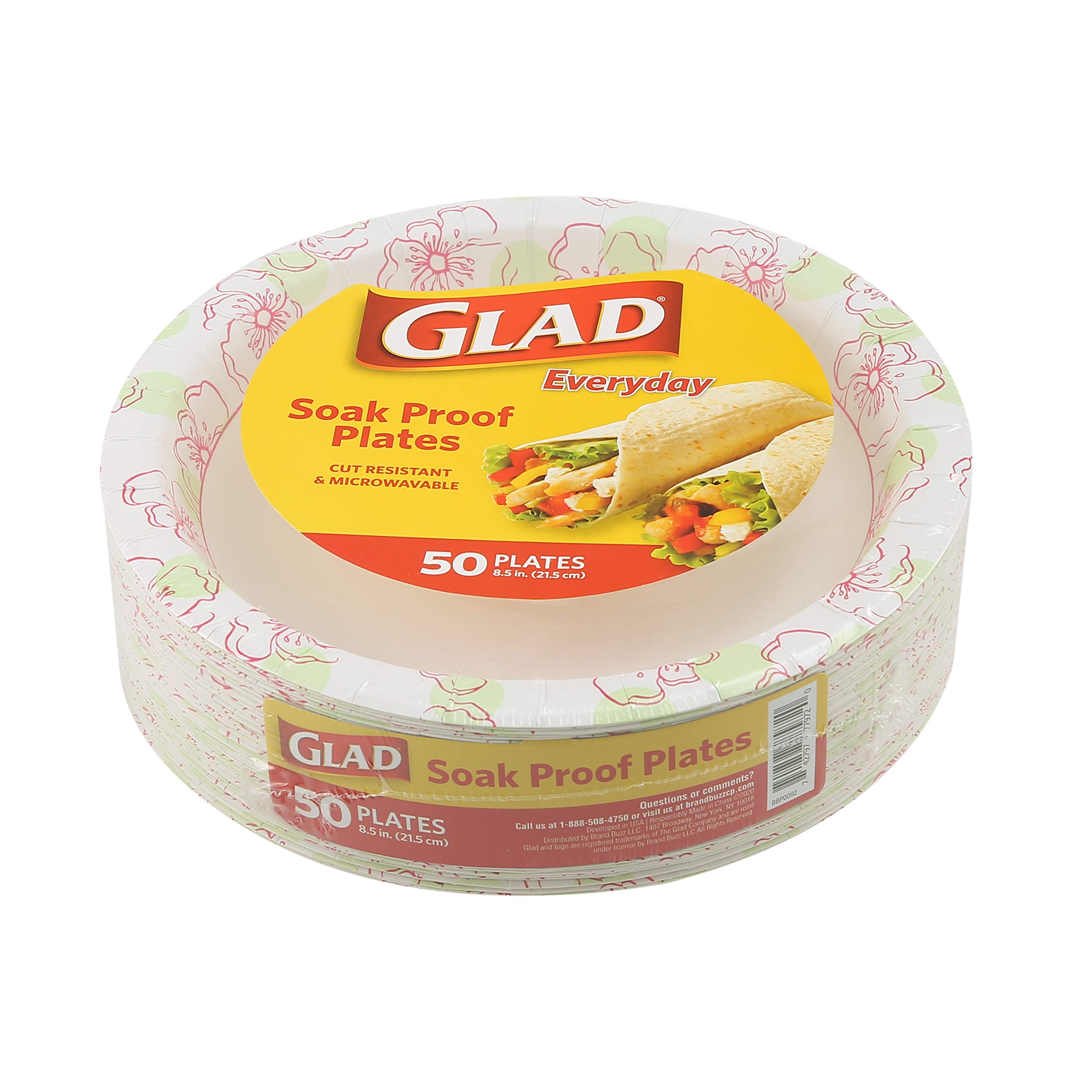 Glad Disposable Paper Plates for All Occasions | Round Soak Proof, Cut Proof, Microwaveable Heavy Duty Disposable Plates | 8.5" Diameter, 50 Count Bulk Paper Plates, Pink Flower Print
