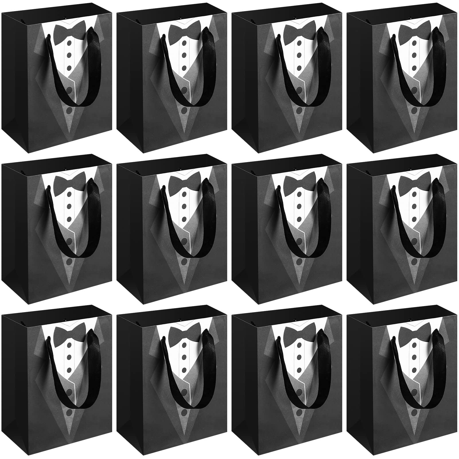 Sinmoe 24 Pieces 7 Inches Groomsmen Gift Bags Tuxedo Treat Bags Wedding Party Favor Black Tie Shirt Pattern Paper Present Bags for Wedding Father's Birthday Anniversary Goodies Treats