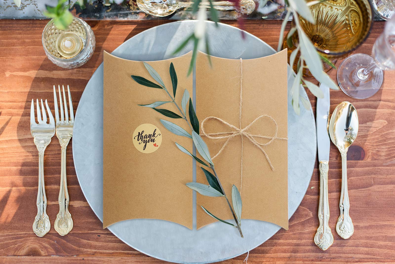 Eupako 6.3x3.7x1 Kraft Pillow Boxes 50 Pack Large Pillow Gift Box Brown Paper Candy Favor Boxes with Twines for Wedding Party