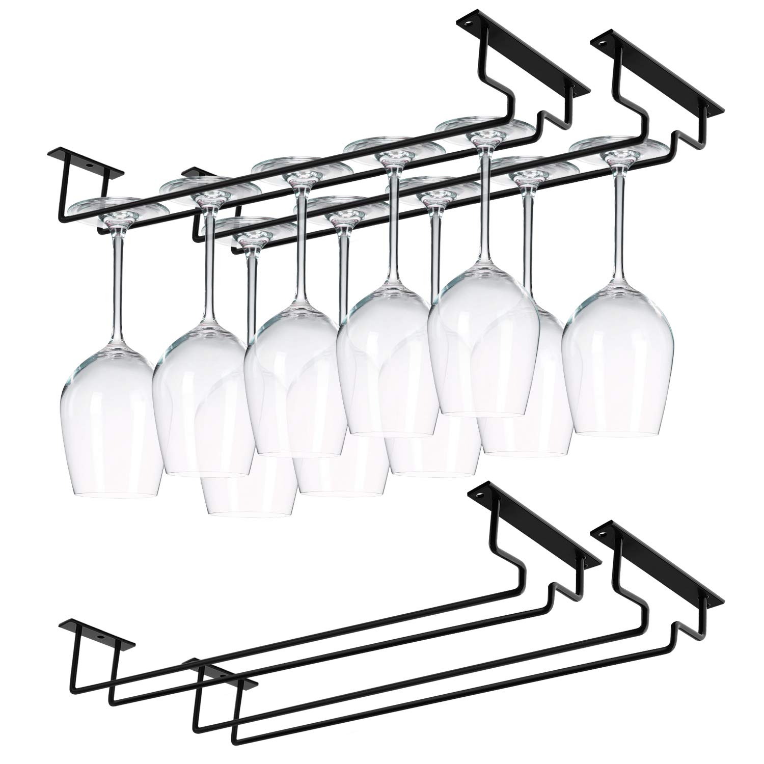 MOCOUM 4 Pack 15.6" Wine Glass Rack Under Cabinet Stemware Rack, Wine Glass Hangers Rack Wire Wine Glass Holder Storage Hanger Hold Up To 10 Wine Glasses for Cabinet Kitchen Bar (Black, 4 pack)