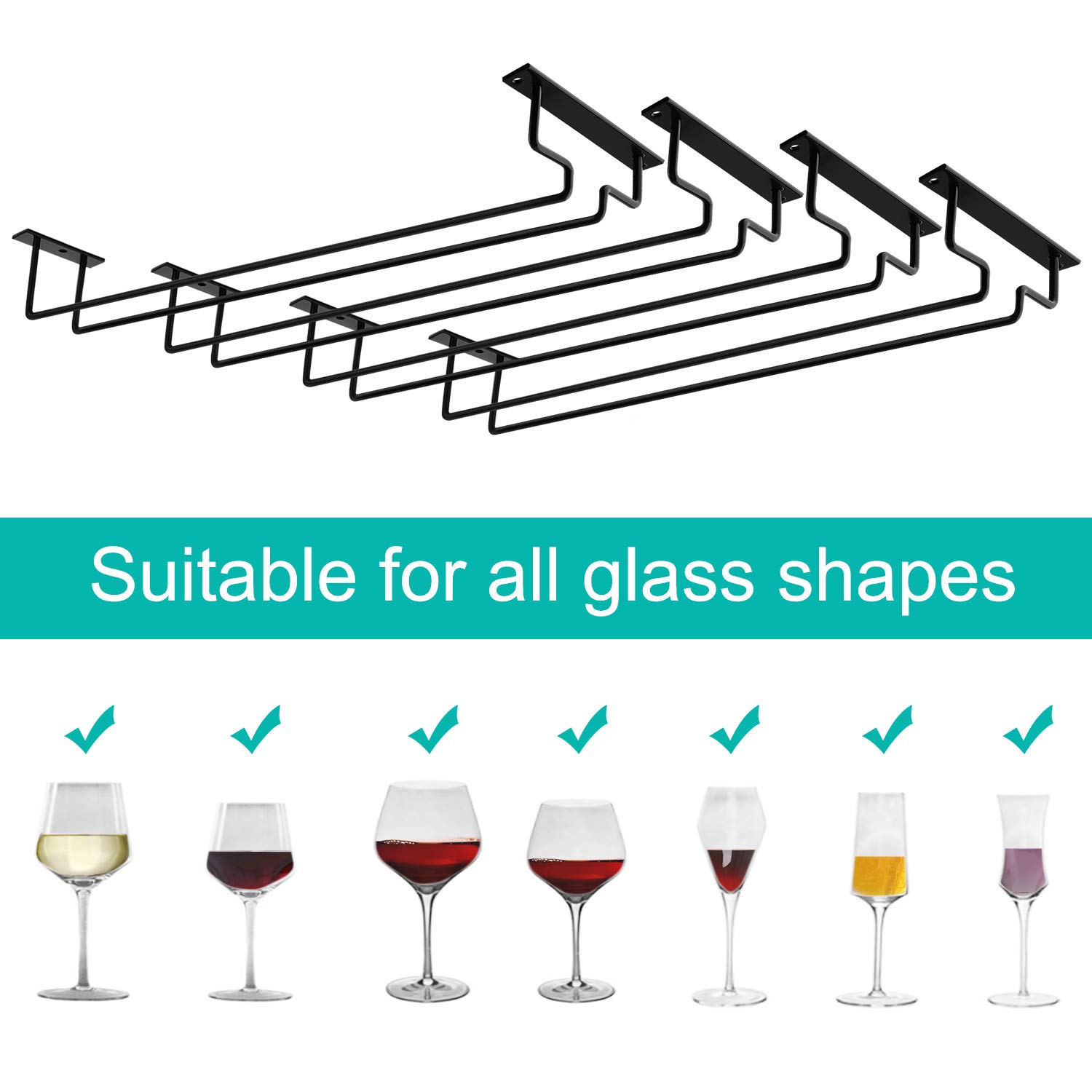 MOCOUM 4 Pack 15.6" Wine Glass Rack Under Cabinet Stemware Rack, Wine Glass Hangers Rack Wire Wine Glass Holder Storage Hanger Hold Up To 10 Wine Glasses for Cabinet Kitchen Bar (Black, 4 pack)