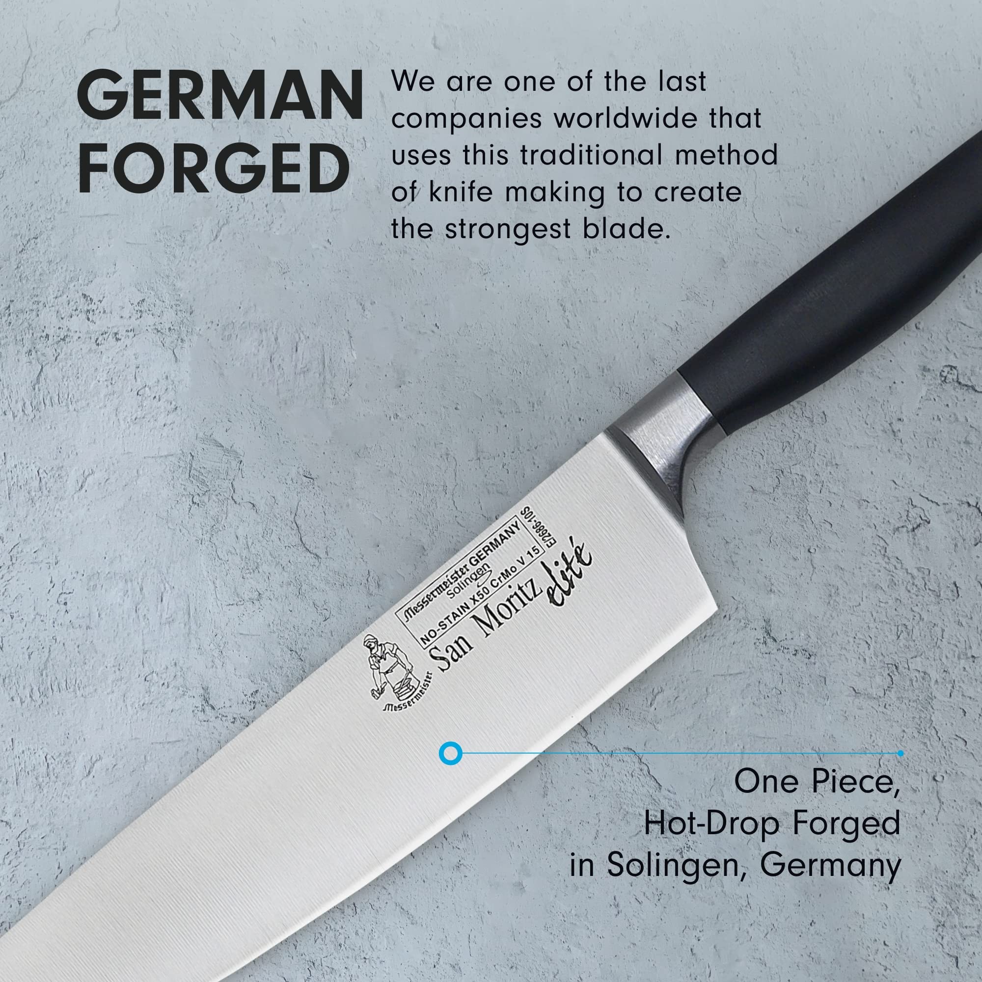 Messermeister San Moritz Elite 8” Stealth Chef’s Knife - Fine German Steel Alloy Blade - Rust Resistant & Easy to Maintain