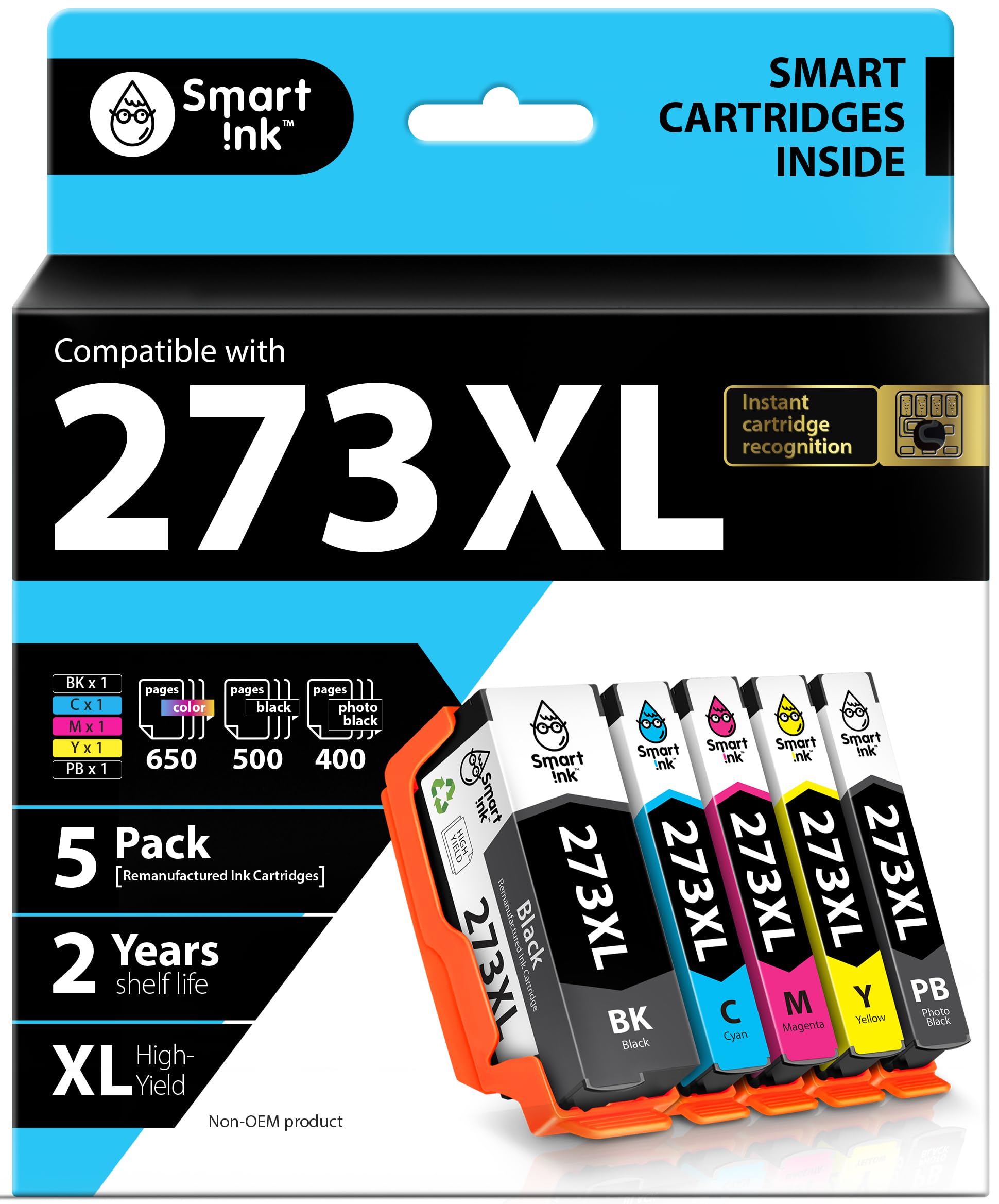 Smart Ink Remanufactured Ink Cartridge Replacement for Epson 273 XL 273XL 273 to use with XP 610 XP-600 XP-620 XP-810 XP-820 XP-800 Expression Premium (Black & C/M/Y/PBK, 5 Combo Pack)