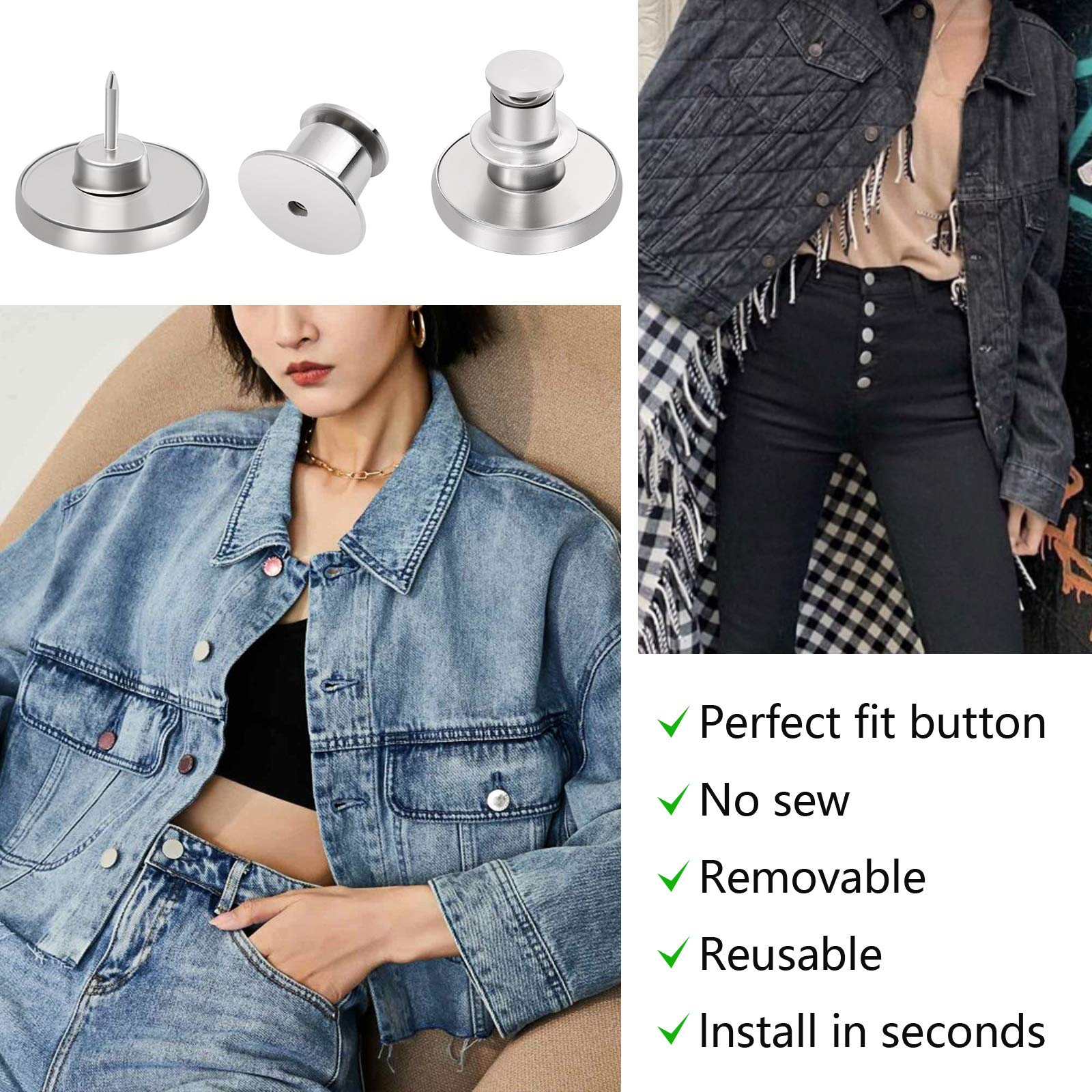 12 Sets Jean Buttons Pins for Jeans, No Sew Jean Buttons for Loose Jeans Pants Button Tightener, Ceryvop Adjustable Buttons for Jeans Too Big Snap Tack Jeans Button Replacement