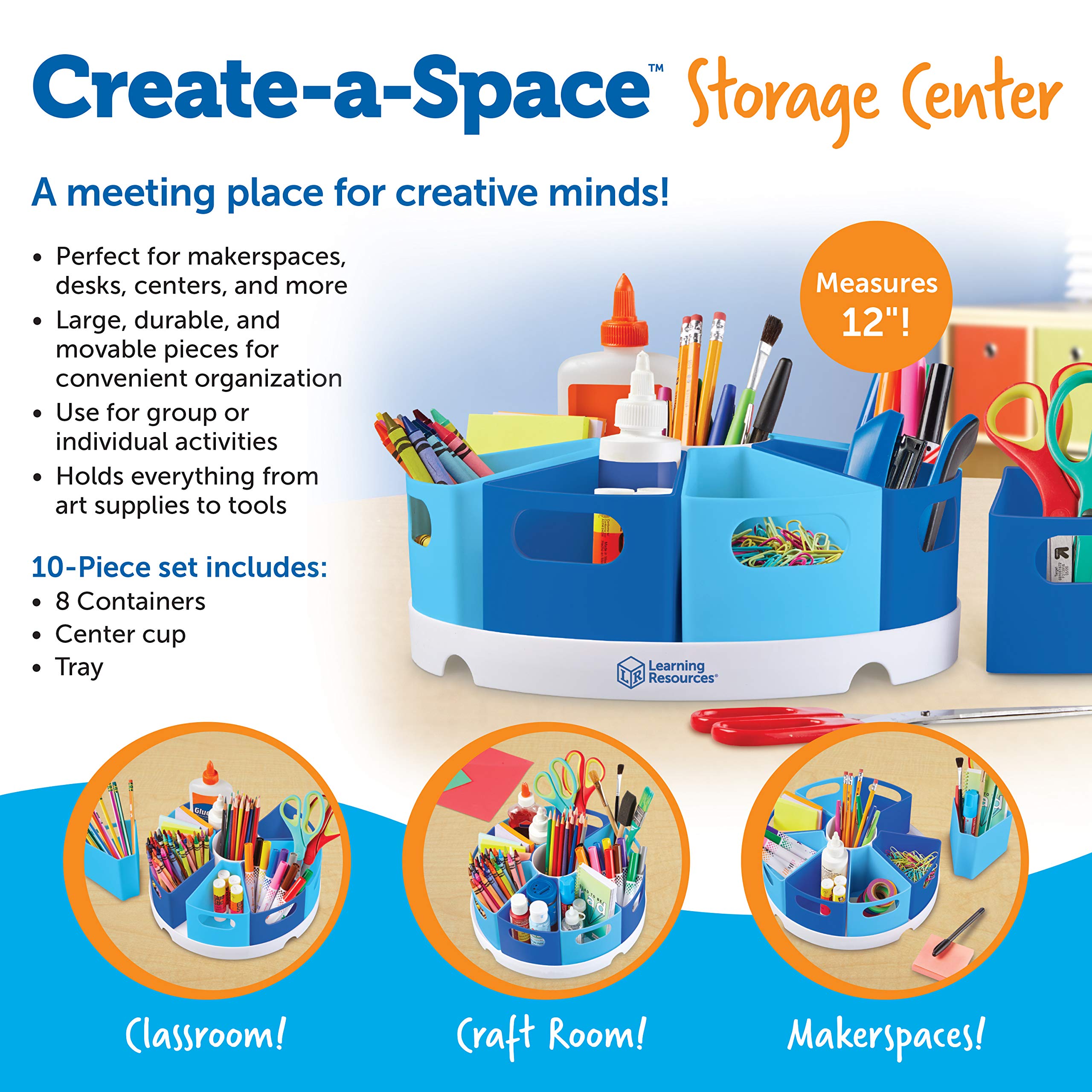 Learning Resources Create-a-Space Storage Center - Blue, Homeschool Storage, Fits 3oz Hand Sanitizer Bottles, Classroom Craft Keeper, 10 Piece Set