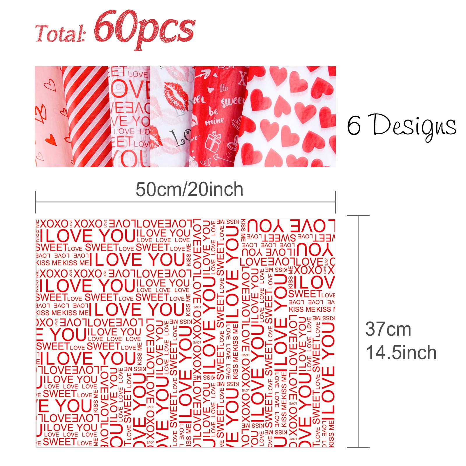 CHRORINE 60 Sheets Valentines Tissue Paper 6 Designs Gift Wrapping Paper for Valentine's Day, Wedding Party Crafts Decor