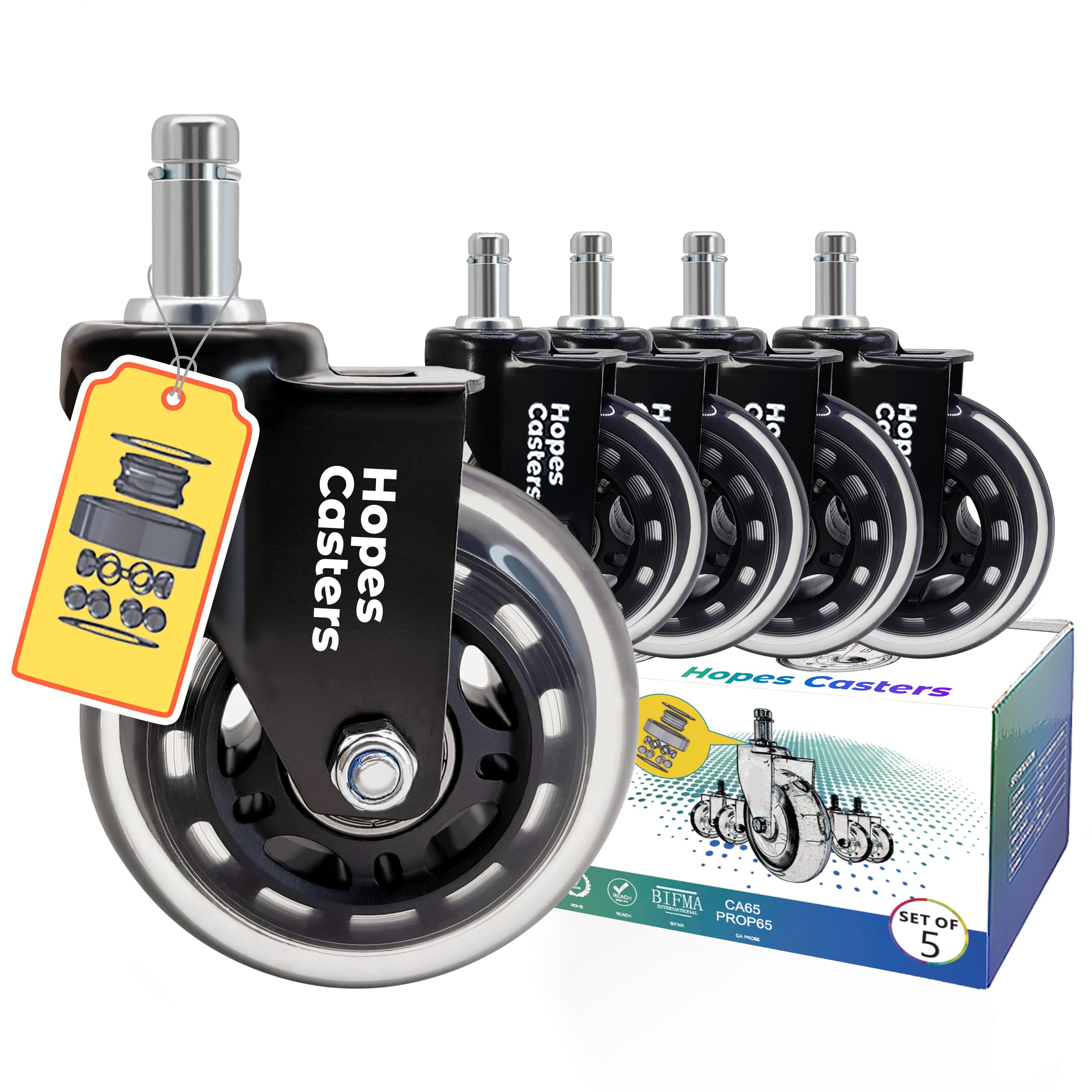 Office Chair Caster Wheels (Set of 5) - Heavy Duty & Safe for All Floors Including Hardwood - Perfect Replacement for Desk Floor Mat - Rollerblade Style w/Universal Fit