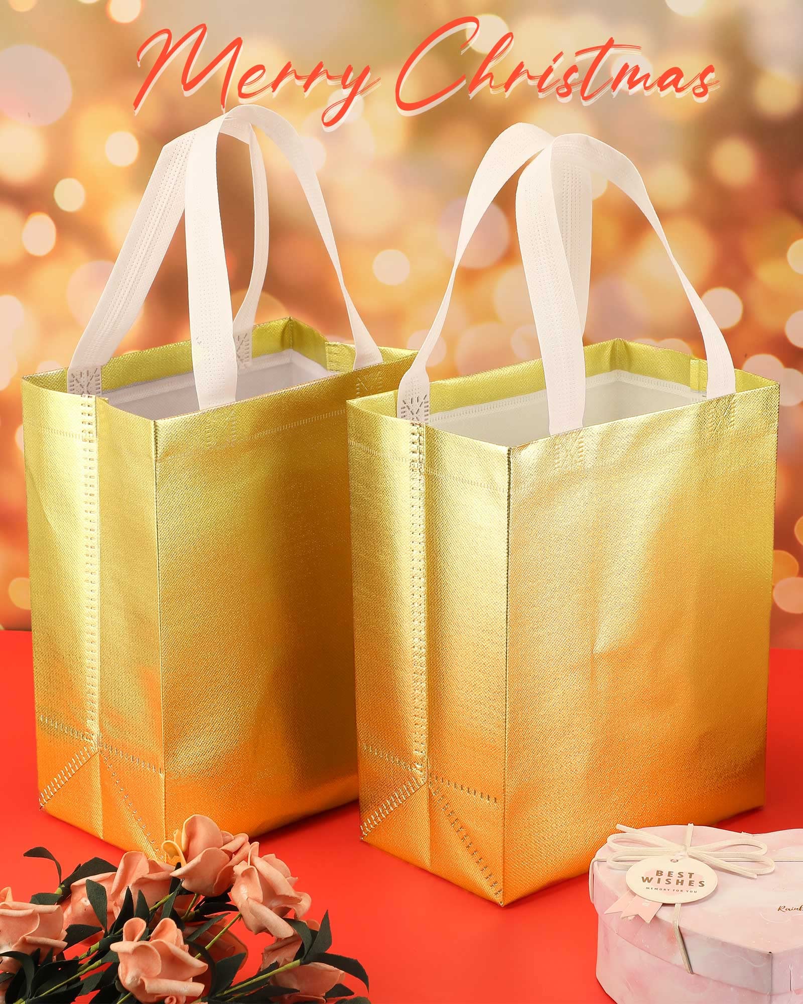 80 Pieces Gift Bags Set Glossy Reusable Tote Bags with Handles Grocery Bags for Wedding, Bachelorette Party, Christmas(Gold)
