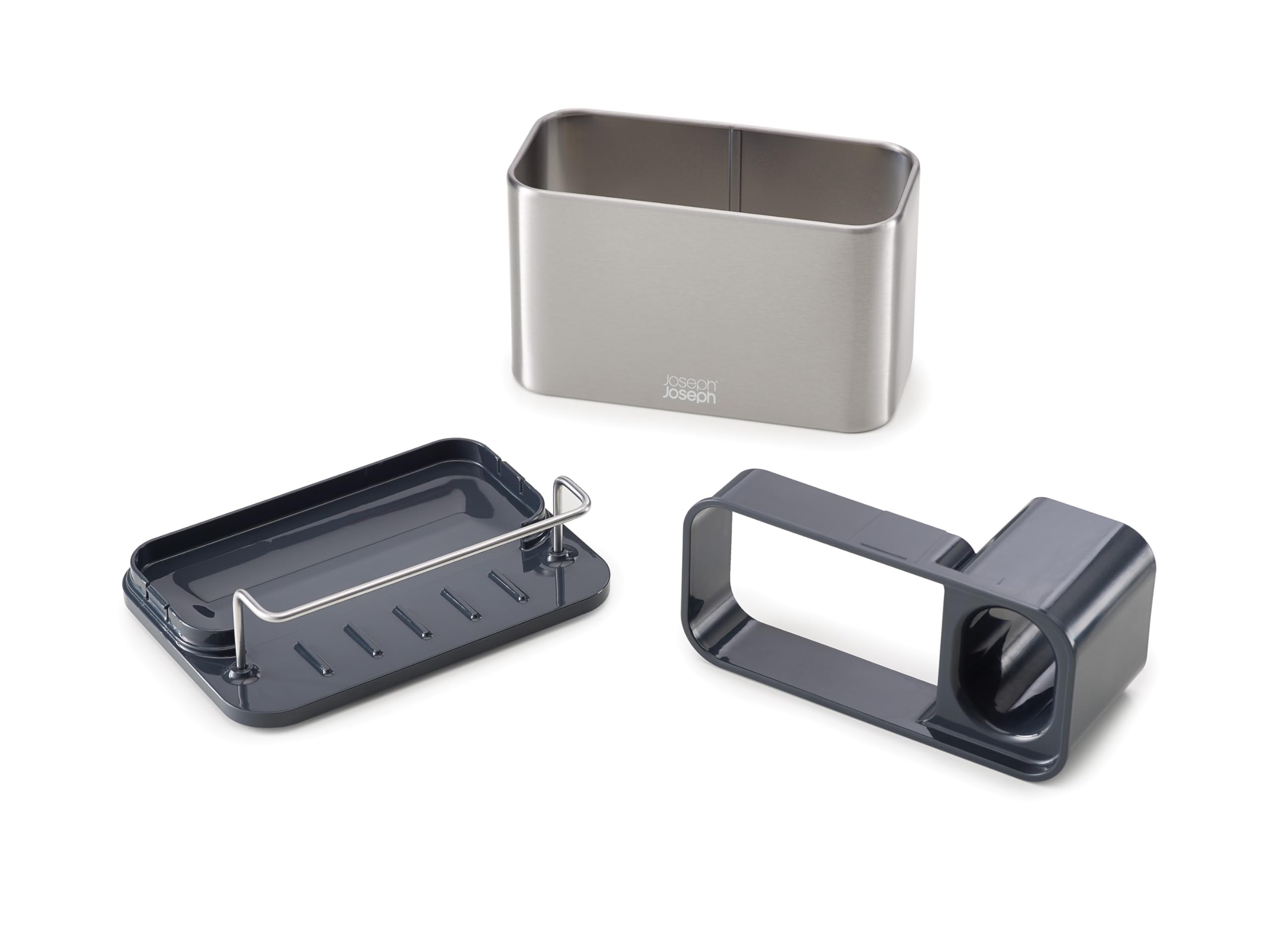 Joseph Joseph 85112 Surface Sink Caddy Stainless Steel Sponge Holder Organizer Tidy Drains Water for Kitchen, Large, Grey