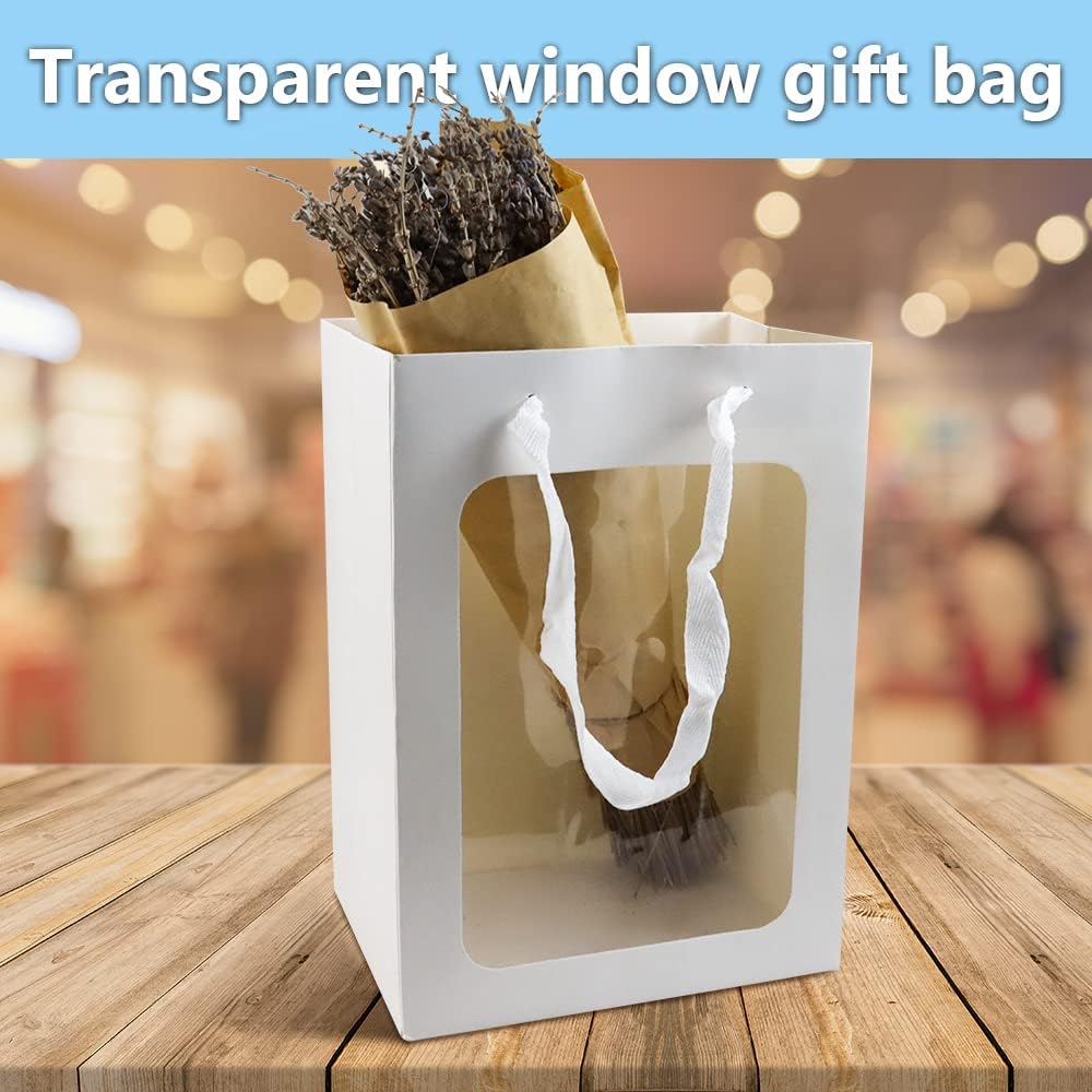 WYOMER 12 Pcs Kraft Paper Gift Bags with Transparent Window, Exquisite Goods Bags with Handles for Gifts, Festivals Partys (White)