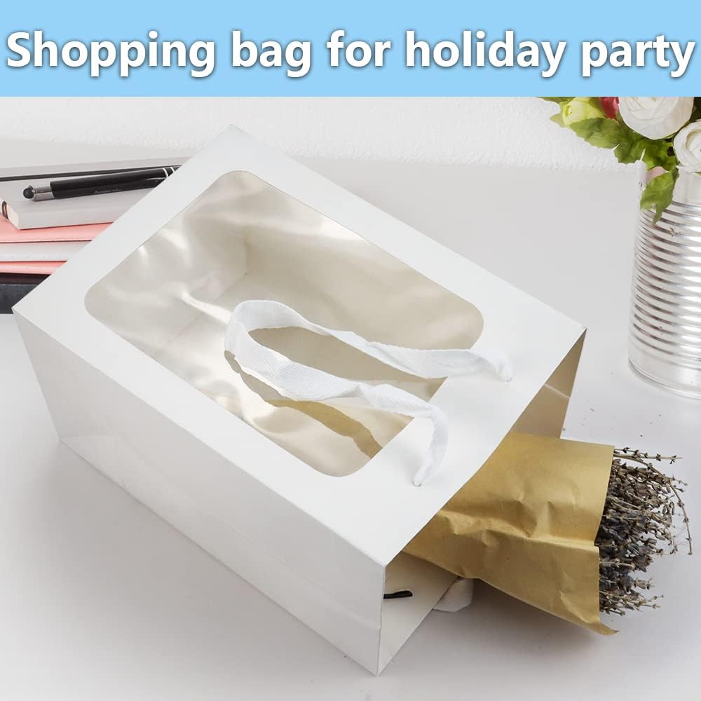 WYOMER 12 Pcs Kraft Paper Gift Bags with Transparent Window, Exquisite Goods Bags with Handles for Gifts, Festivals Partys (White)