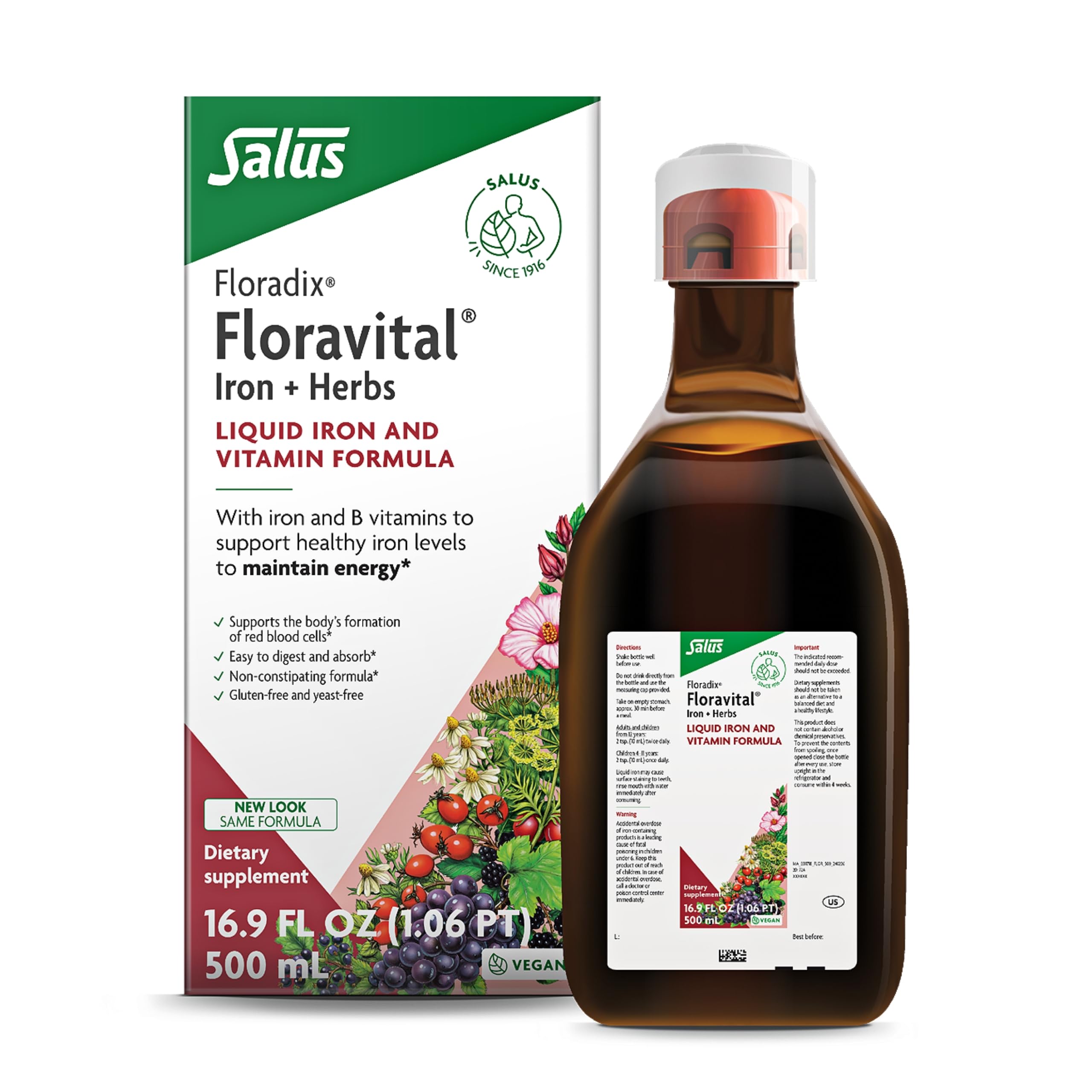Floradix Floravital Liquid Iron & Vitamins Formula - Liquid Iron Supplement with B Complex Vitamins & Herbs for Energy Support - Vegan, Gluten-Free, Yeast- Free, Non-GMO - 17 oz
