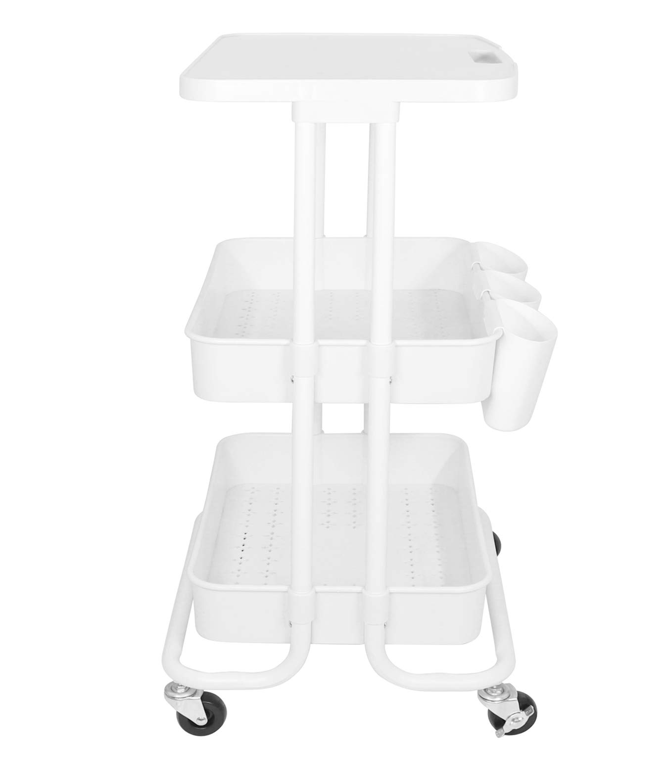 3 Tier Rolling Storage Cart with Table Top & Hanging Cups Utility Organizer Cart for Kitchen Bathroom Classroom, White
