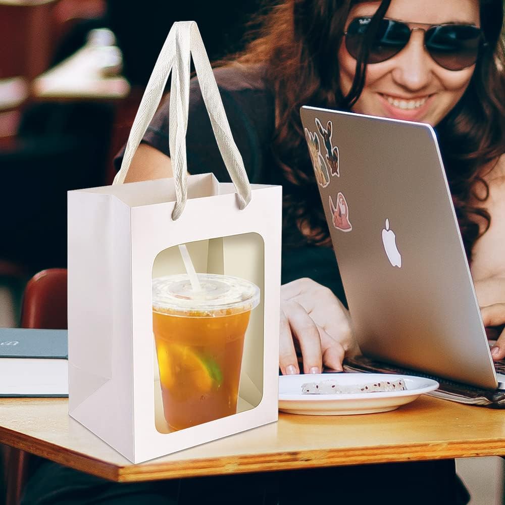 WYOMER 12 Pcs Kraft Paper Gift Bags with Transparent Window, Exquisite Goods Bags with Handles for Gifts, Festivals Partys (White)