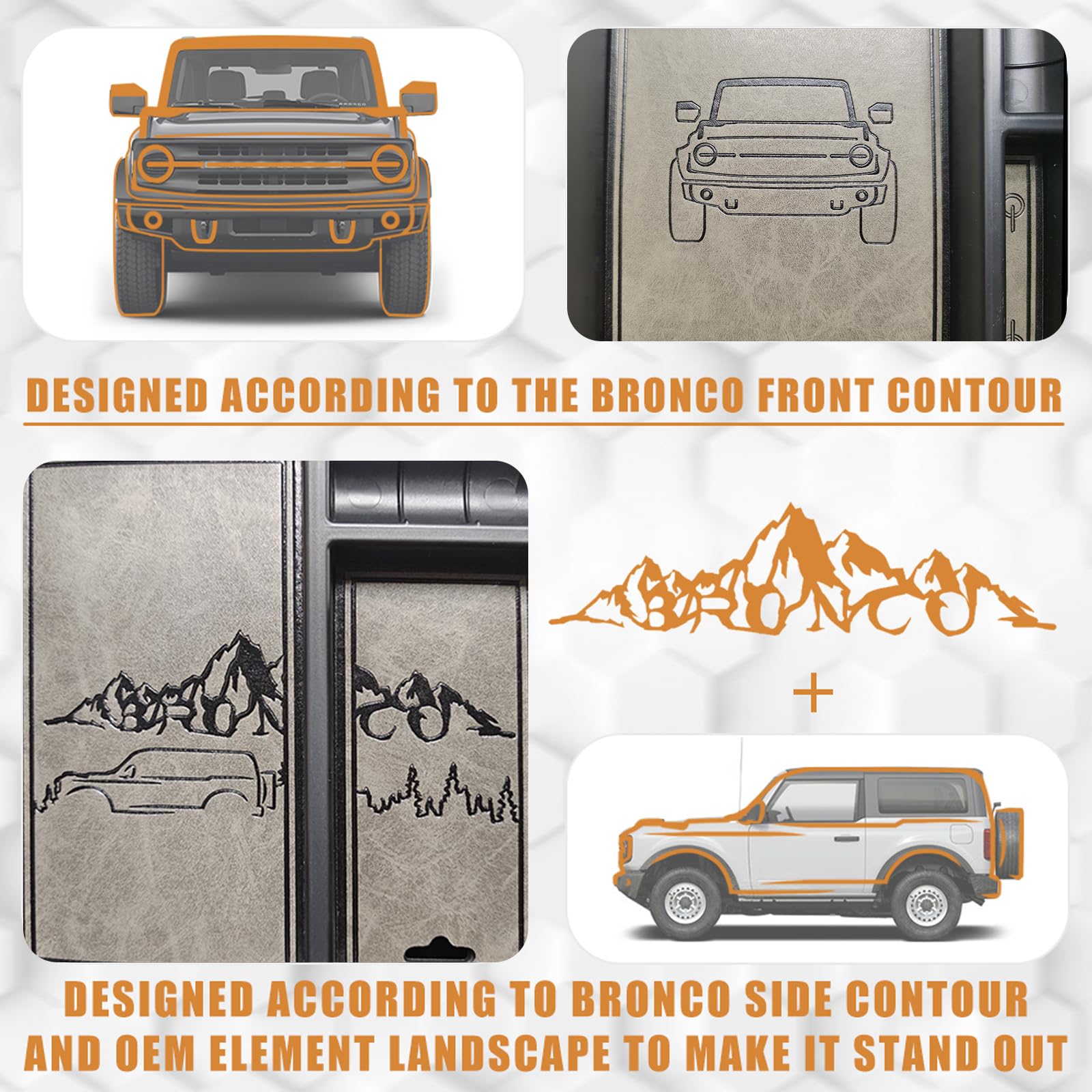TripleAliners Center Console Organizer Compatible with 2021-2024 Ford Bronco(No for Sport) Accessories 6th Gen Bronco 2/4-Door Center Console Storage Box ABS Material with Leather Trim(V2_Retro Grey)