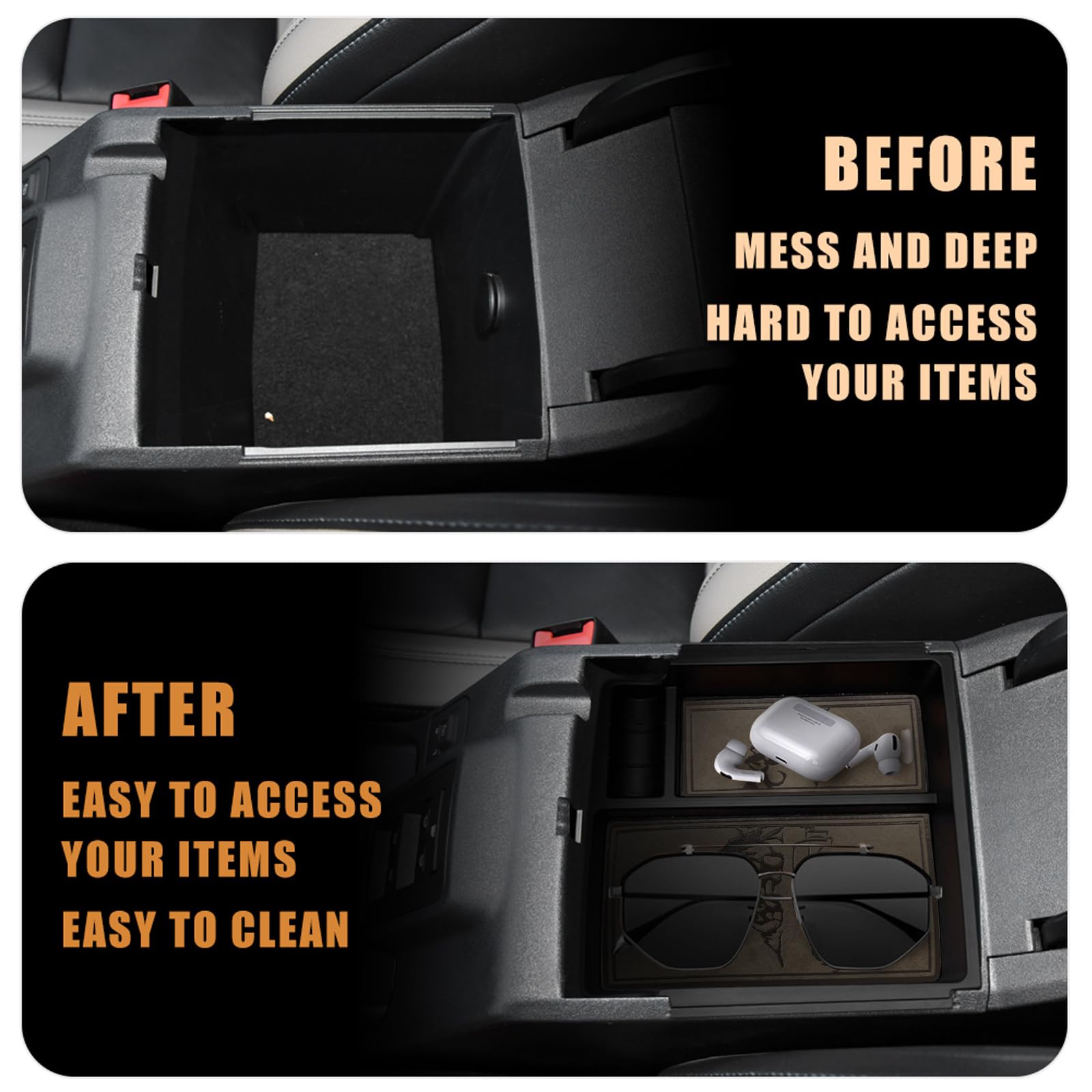 TripleAliners Center Console Organizer Compatible with 2021-2024 Ford Bronco(No for Sport) Accessories 6th Gen Bronco 2/4-Door Center Console Storage Box ABS Material with Leather Trim(V2_Retro Grey)