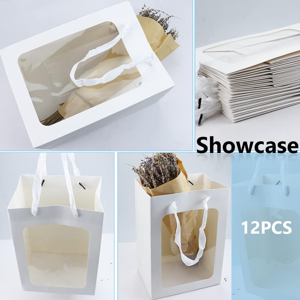 WYOMER 12 Pcs Kraft Paper Gift Bags with Transparent Window, Exquisite Goods Bags with Handles for Gifts, Festivals Partys (White)