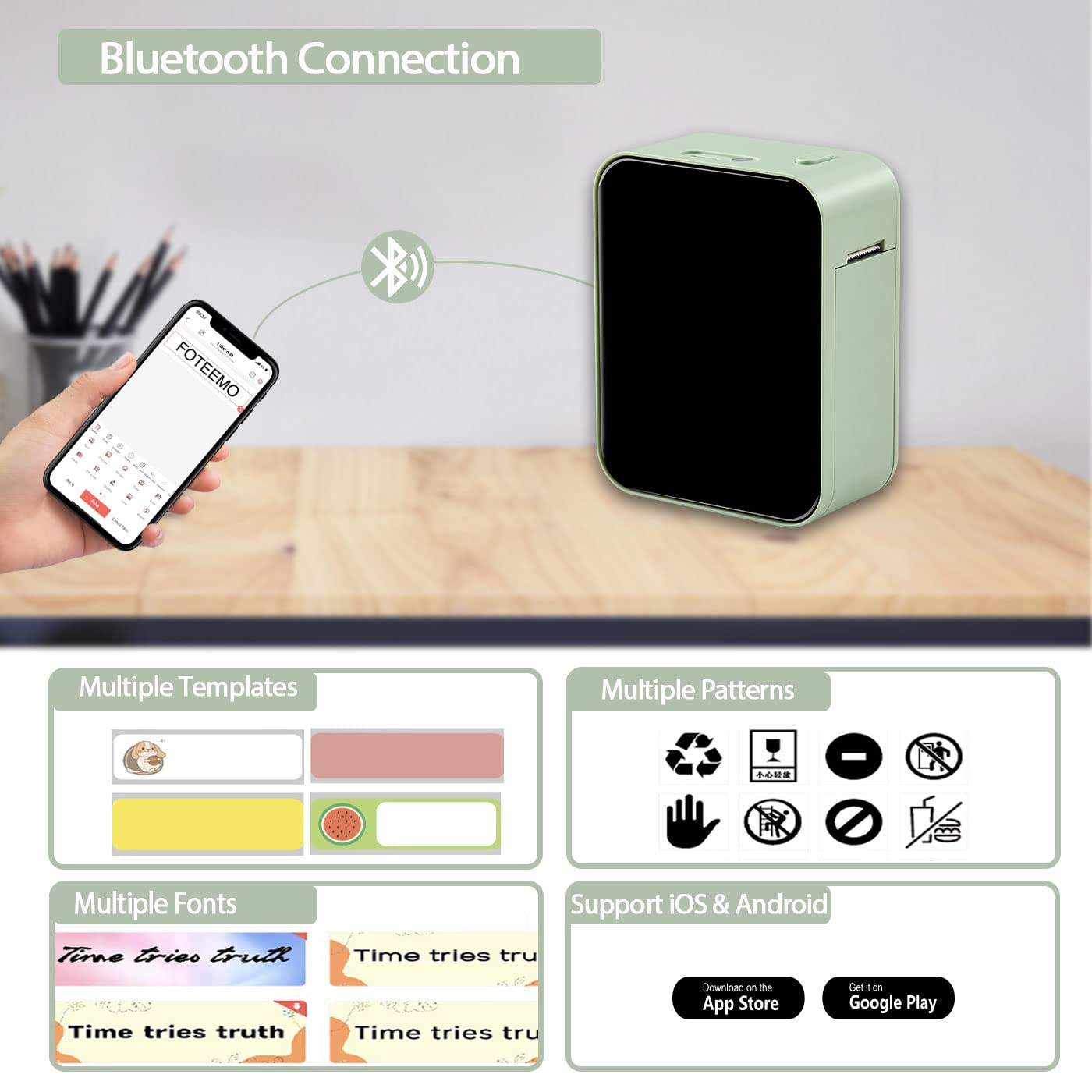 FOTEEMO Label Maker Machine with 2 Tape, Portable Wireless Connection Mini Label Maker Bluetooth Label Printer Inkless Rechargeable Label Sticker Printer for Office Home Organization (Mint Green)