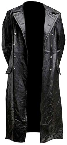 German Style Classic Officer WW2 Military Uniform Black Leather Trench Coat (Large (Best for Chest Size 44), Black)