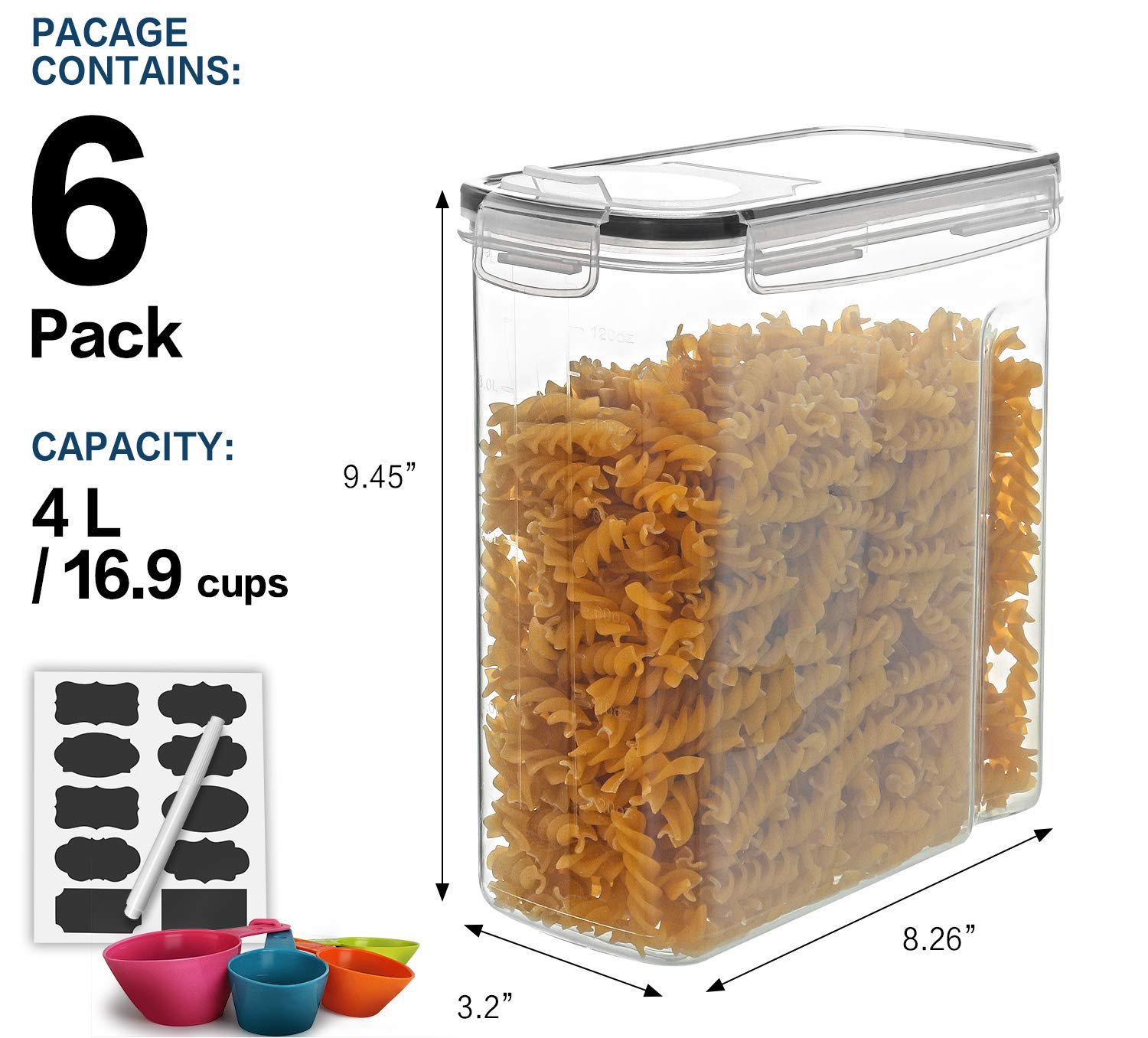 Cereal Container Set, MCIRCO Airtight Food Storage Containers ((4L /135.2oz) Set of 6, BPA Free Cereal Dispensers with Measuring Tools
