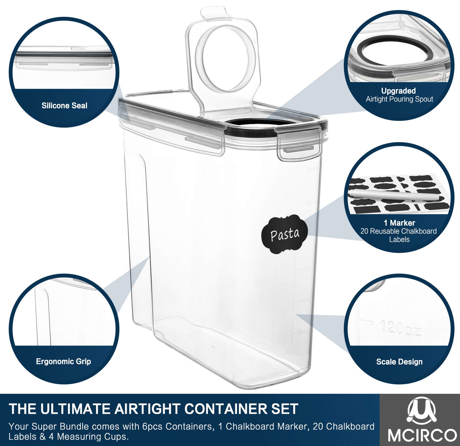 Cereal Container Set, MCIRCO Airtight Food Storage Containers ((4L /135.2oz) Set of 6, BPA Free Cereal Dispensers with Measuring Tools