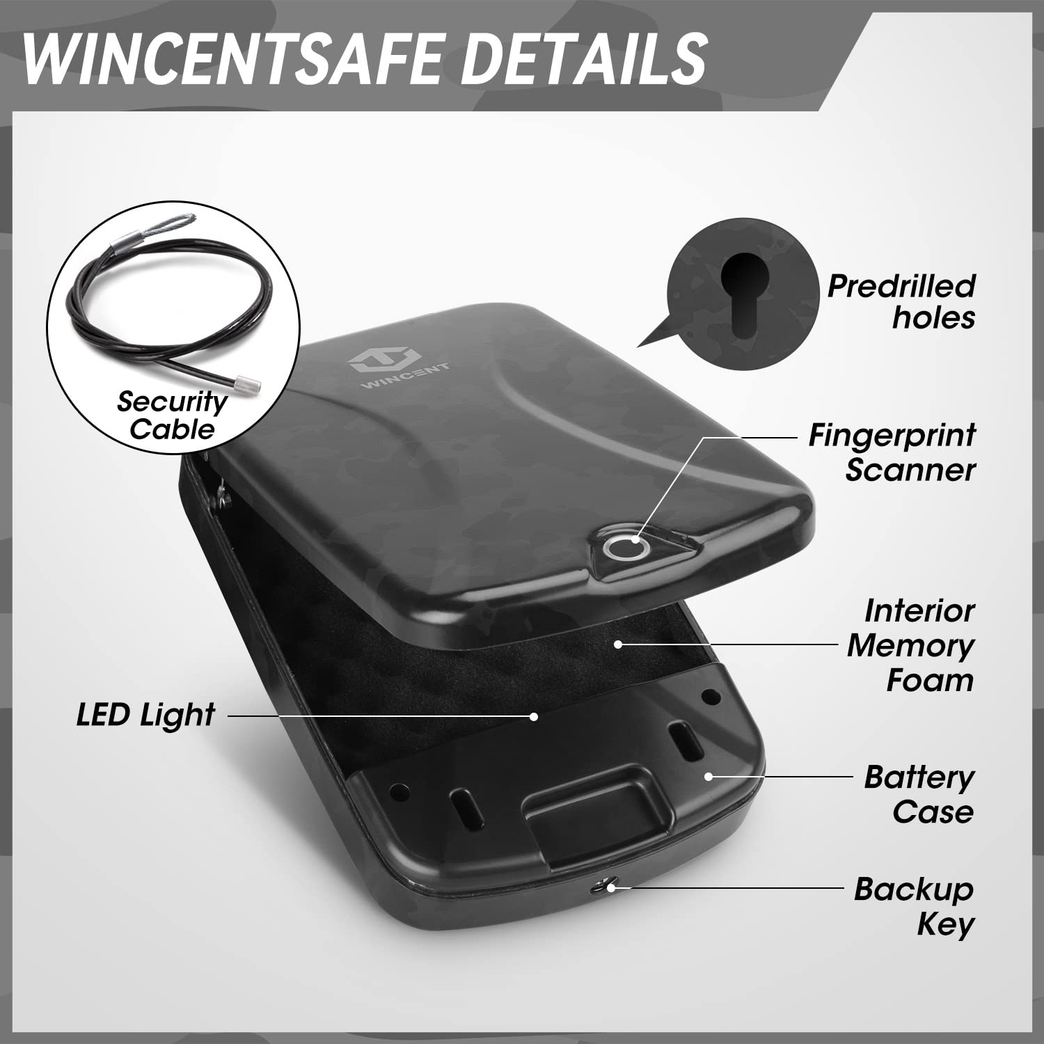 WINCENT Portable Gun Safe Quick Access Gun Safes for Pistols - Biometric Pistol Secure Safe Lock Box with Auto Open Lid & Fingerprints & Key for Car Travel Home - Black Camo