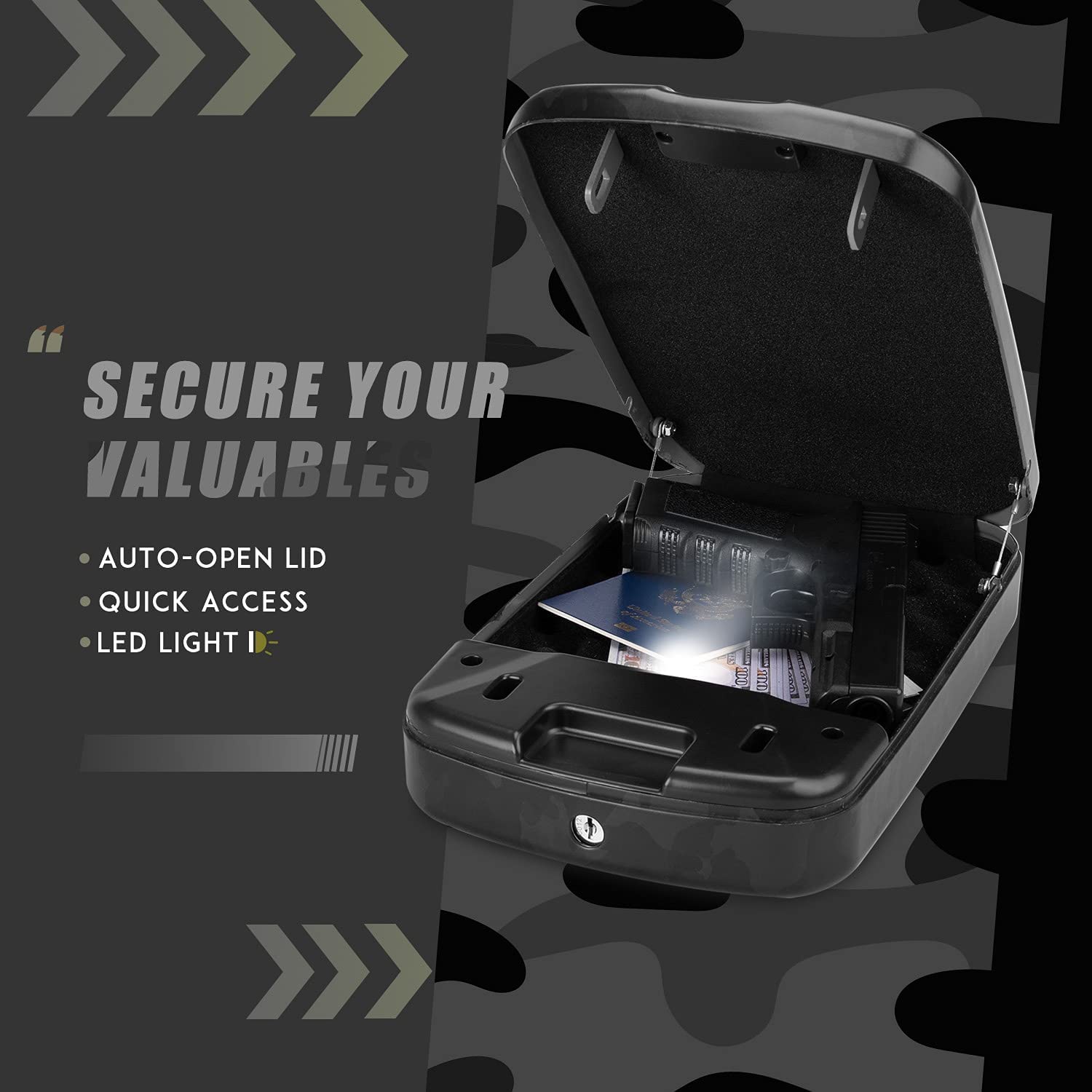 WINCENT Portable Gun Safe Quick Access Gun Safes for Pistols - Biometric Pistol Secure Safe Lock Box with Auto Open Lid & Fingerprints & Key for Car Travel Home - Black Camo