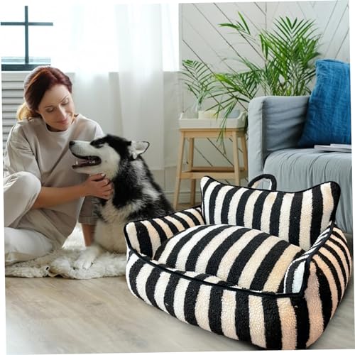 Naisicore Dog Bed, 26.8x20.5inch Plush Striped Thermal Dog Beds with Lifting Handle, Washable Cat Beds for Small Medium Dogs Cats (Black+White)