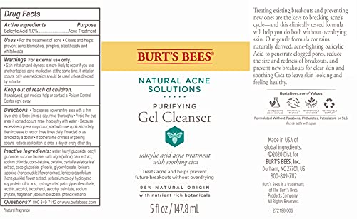 Burt's Bees Natural Acne Solutions Purifying Gel Cleanser, Face Wash for Oily Skin, 5 Oz (Package May Vary)
