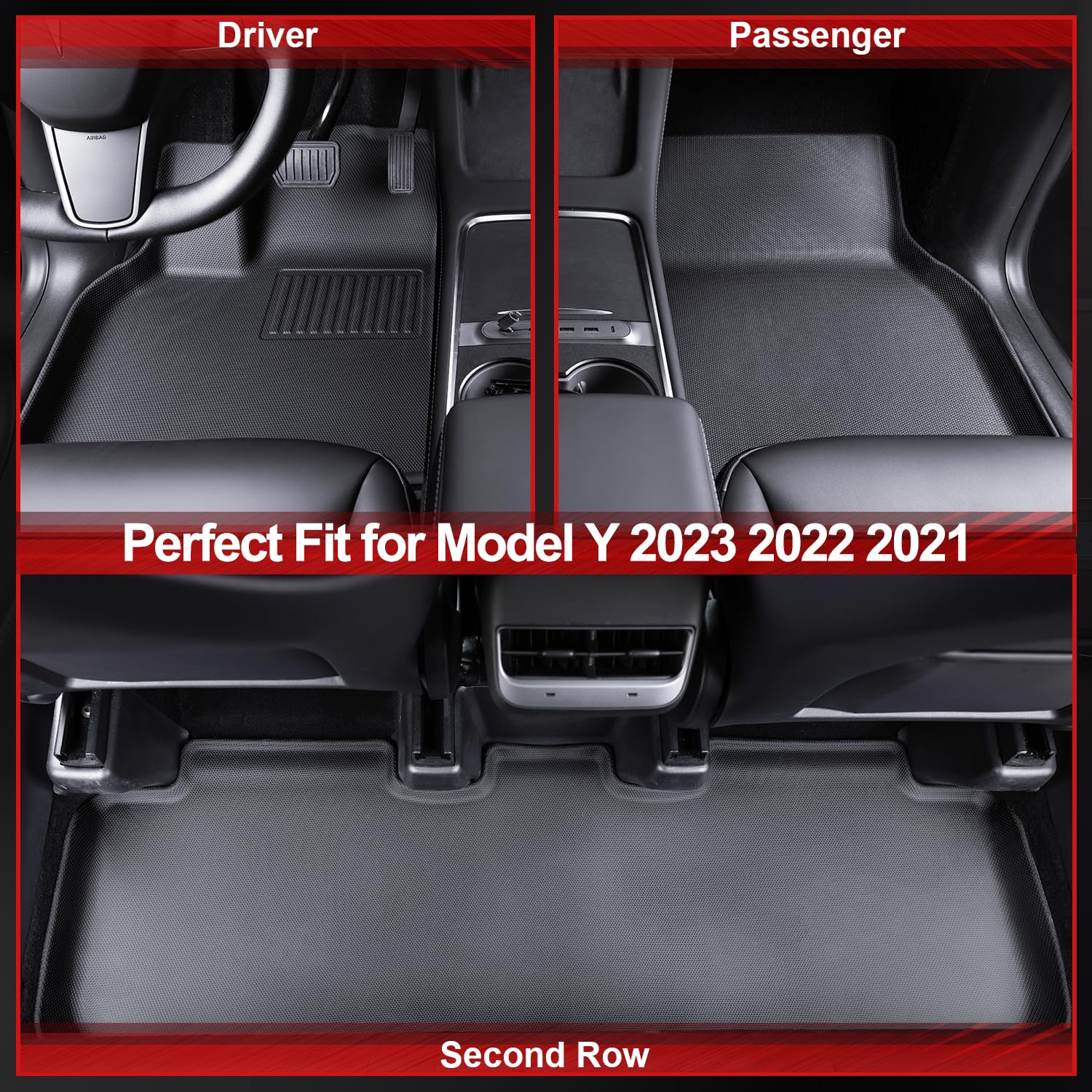 ROADGIVE 6PCS Tesla Model Y Floor Mats Cargo Liners 2021-2023(5 Seater), Custom Fit TPE All Weather Floor Liners Waterproof Car Interior Accessories