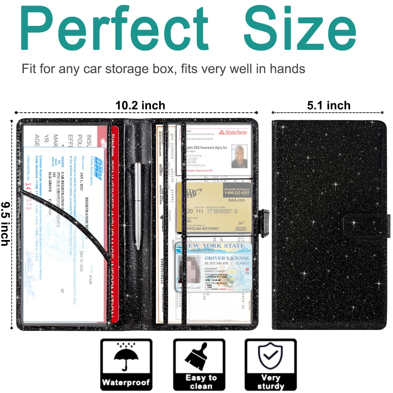 RSAquar unisex Car Registration and Insurance Holder, Vehicle Glove Box Organizer Cool Car Accessories, Car Document Holder for Cards, Driver License and Essential Document, Black Glitter