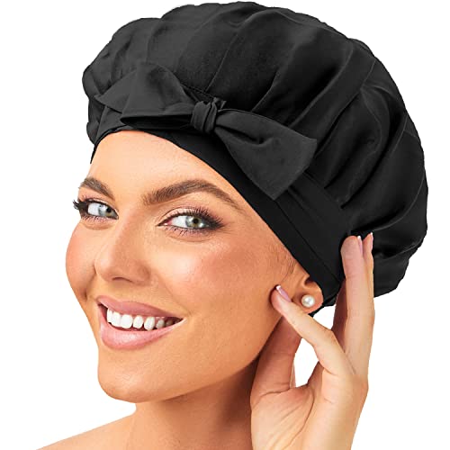 Silk Bonnet – 100% Mulberry Silk Sleep Cap Breathable & Adjustable Sleeping Caps Silk Hair Wrap Women Night Cap for Curly Hair with Elastic Tie Band Silk Satin Turban (Black)