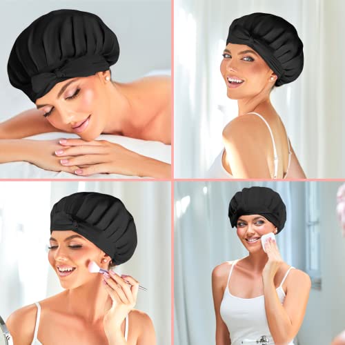 Silk Bonnet – 100% Mulberry Silk Sleep Cap Breathable & Adjustable Sleeping Caps Silk Hair Wrap Women Night Cap for Curly Hair with Elastic Tie Band Silk Satin Turban (Black)