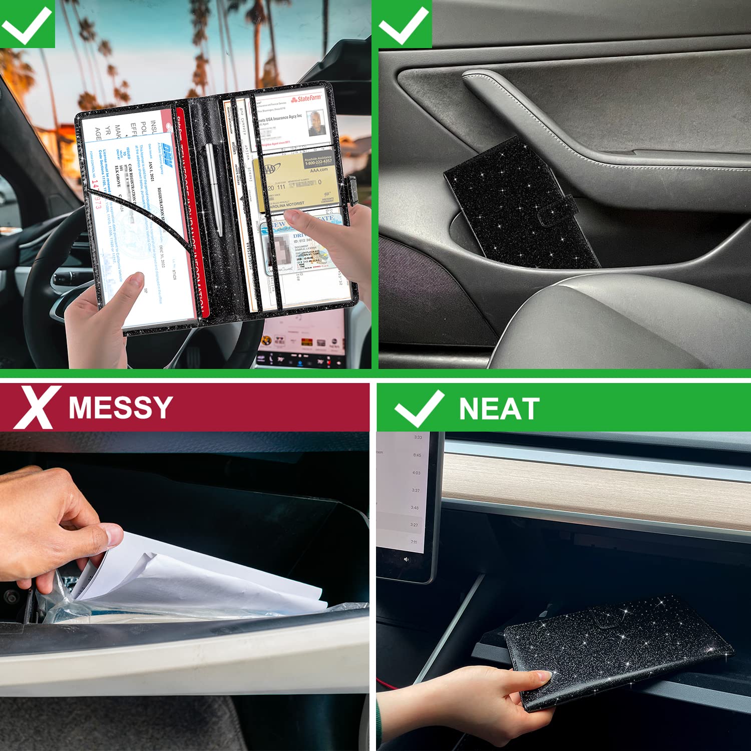 RSAquar unisex Car Registration and Insurance Holder, Vehicle Glove Box Organizer Cool Car Accessories, Car Document Holder for Cards, Driver License and Essential Document, Black Glitter