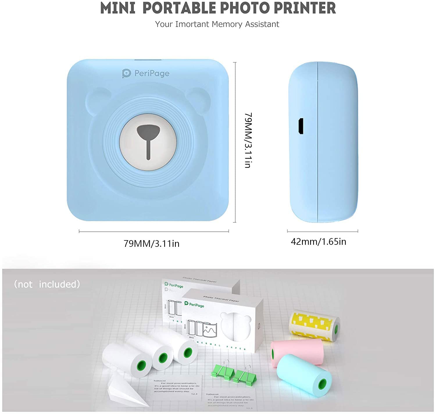 PeriPage Mini Printer, Portable Sticker Bluetooth Printer for Printing Student Notes, Journal, Memo, Mobile Printer, Pocket Printer, Received Printer with USB Cable, Supports Android iOS Windows-Blue