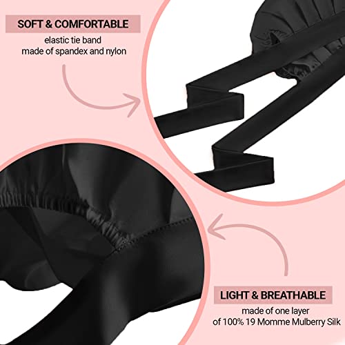 Silk Bonnet – 100% Mulberry Silk Sleep Cap Breathable & Adjustable Sleeping Caps Silk Hair Wrap Women Night Cap for Curly Hair with Elastic Tie Band Silk Satin Turban (Black)
