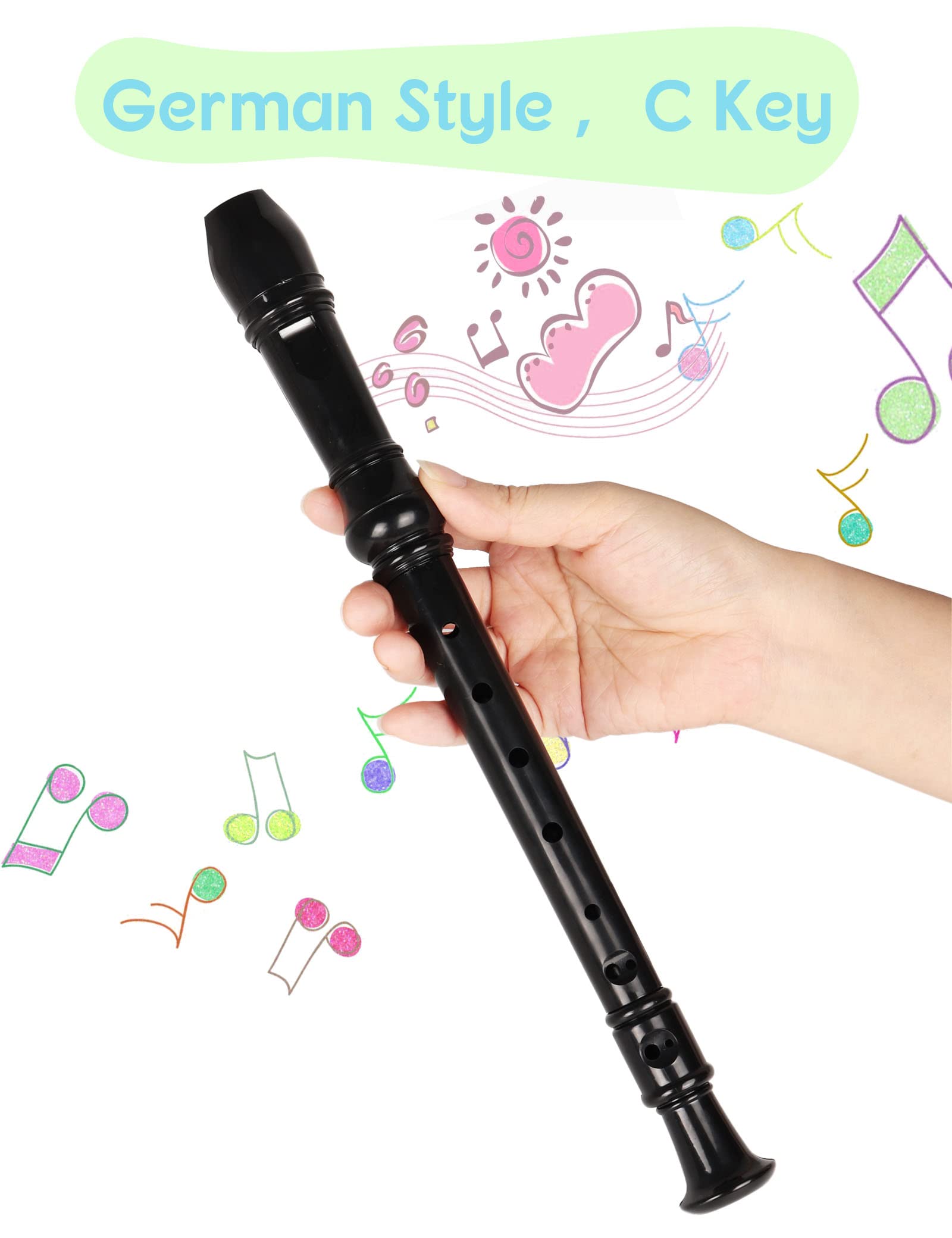 Mr.Power Soprano Recorder for Beginners School Students German Style C Key 8 Holes 3 Piece Instrument with Cleaning Rod, Thumb Rest, Fingering Chart, Packing Bag (Black)