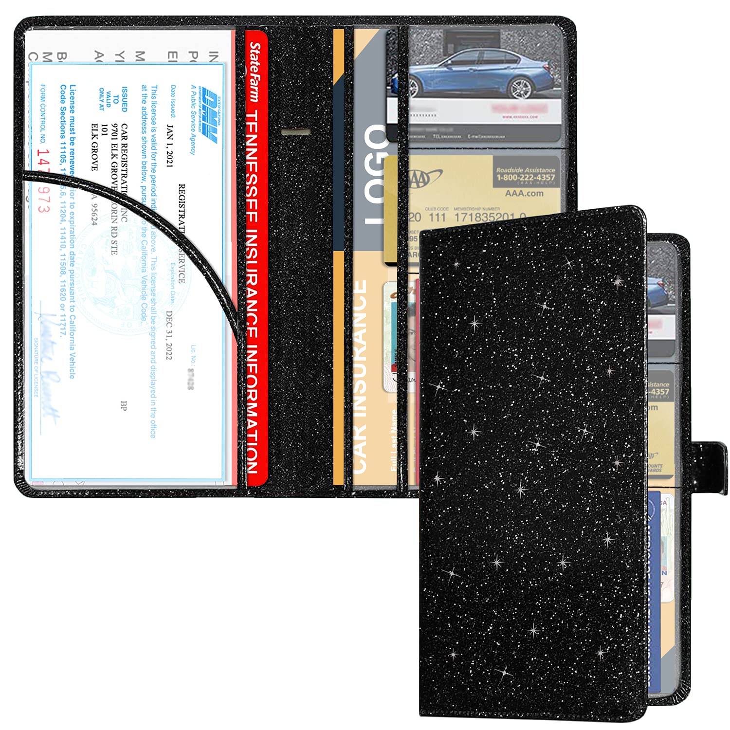 RSAquar unisex Car Registration and Insurance Holder, Vehicle Glove Box Organizer Cool Car Accessories, Car Document Holder for Cards, Driver License and Essential Document, Black Glitter