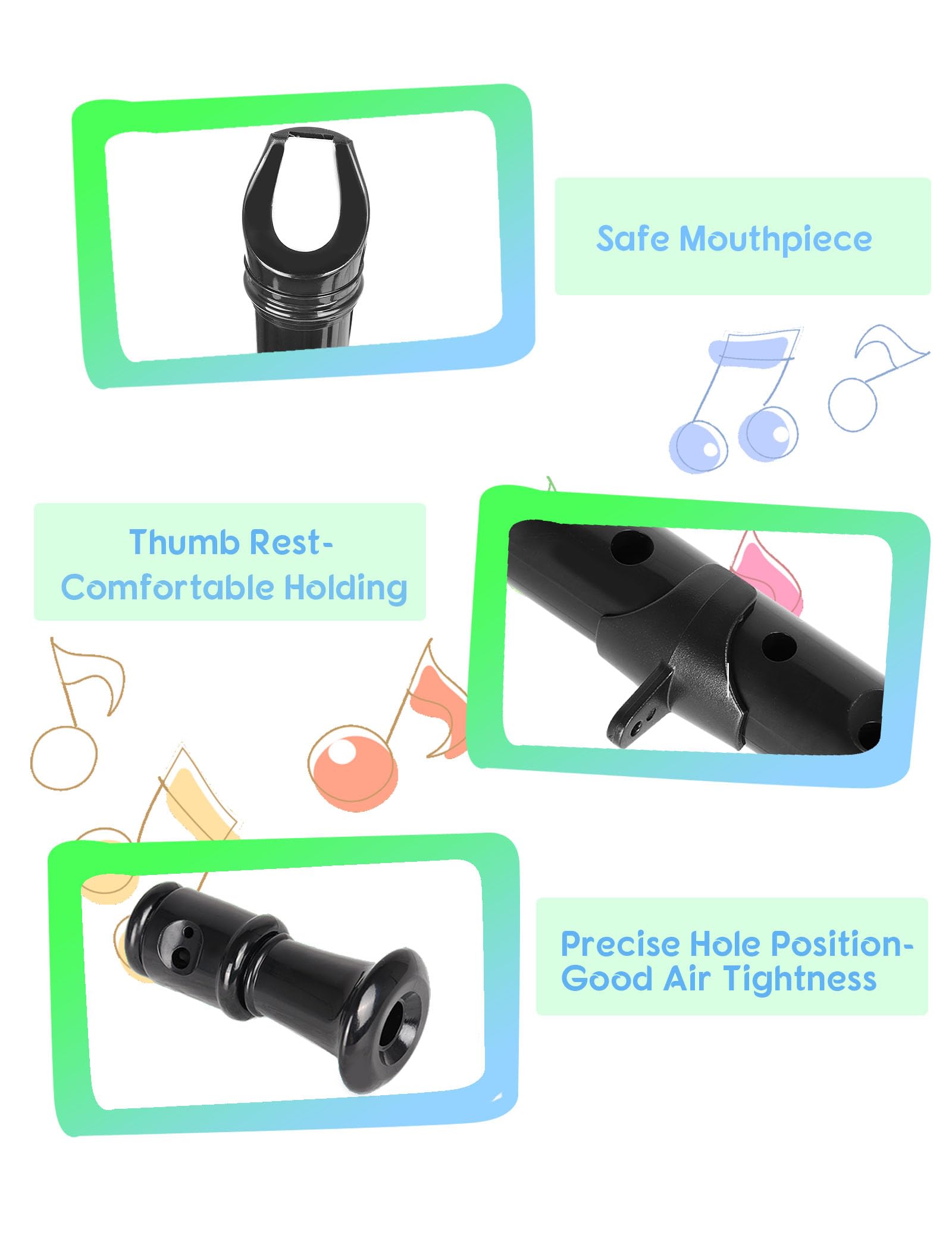 Mr.Power Soprano Recorder for Beginners School Students German Style C Key 8 Holes 3 Piece Instrument with Cleaning Rod, Thumb Rest, Fingering Chart, Packing Bag (Black)