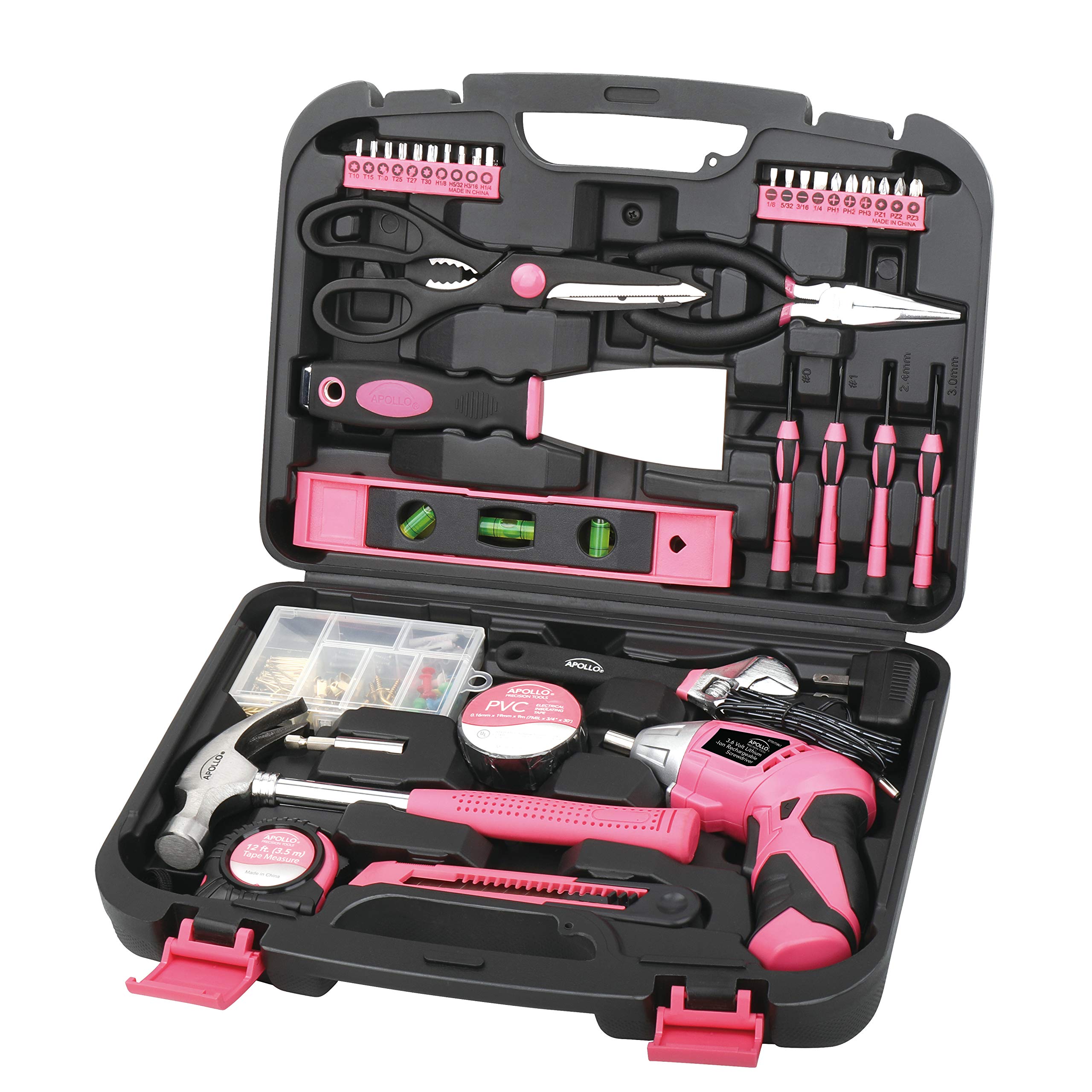 135 Piece Household Tool Kit Pink with Pivoting Dual-Angle 3.6 V Lithium-Ion Cordless Screwdriver - DT0773N1