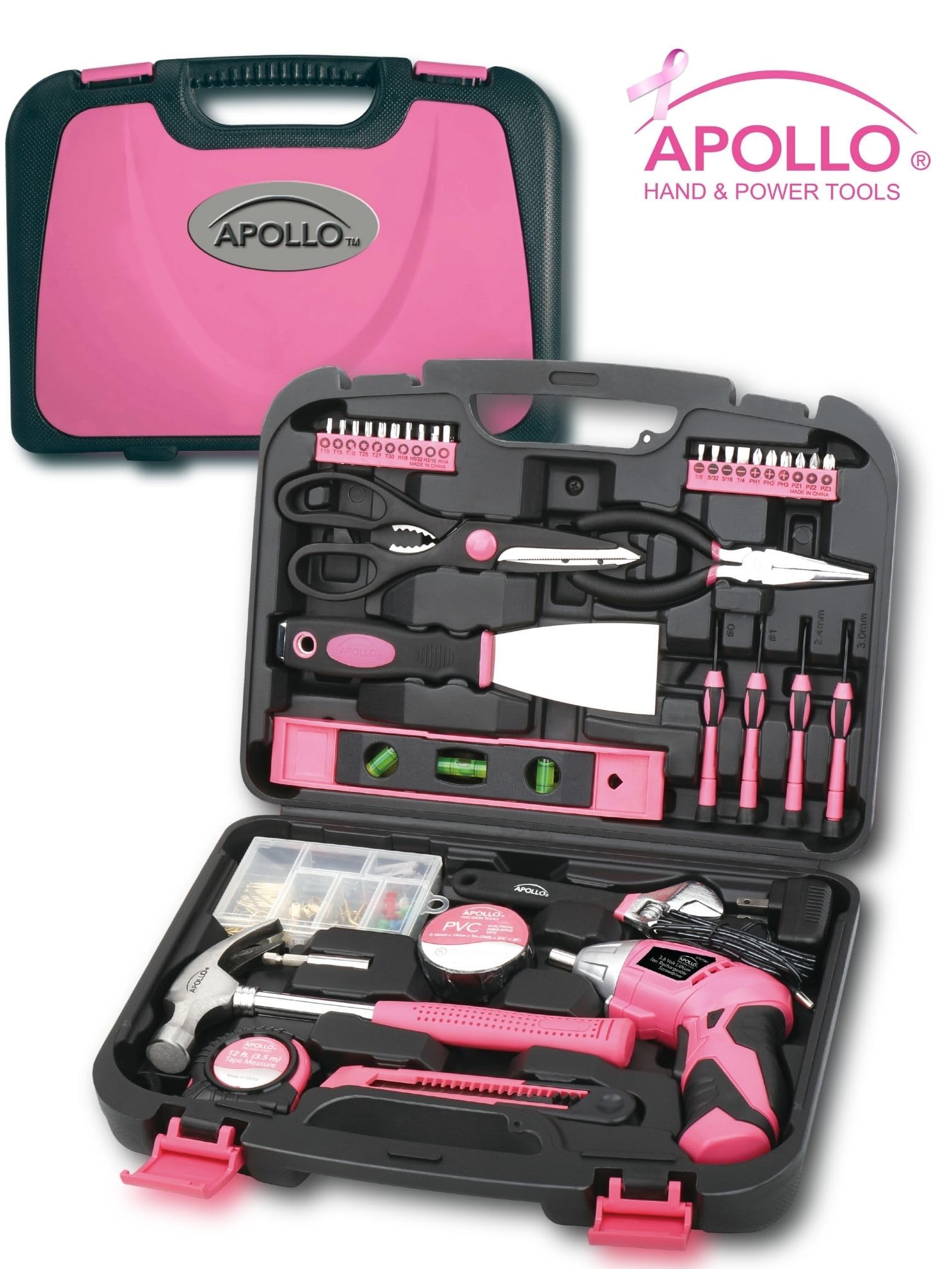 135 Piece Household Tool Kit Pink with Pivoting Dual-Angle 3.6 V Lithium-Ion Cordless Screwdriver - DT0773N1