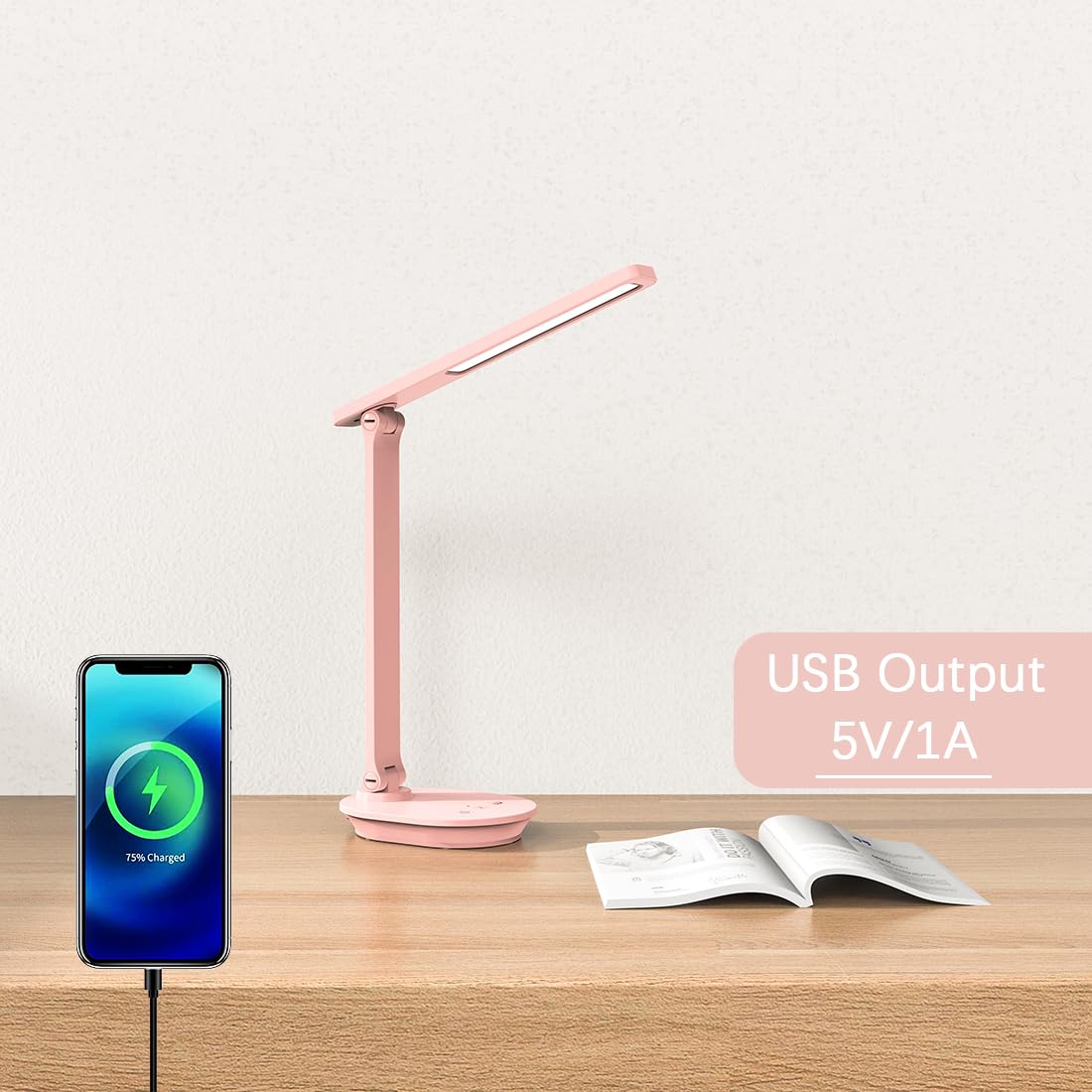 AQINGLING LED Desk Lamp with USB Charging Port Nightlight, Eye-Caring Desk Lights for Home Office, 5 Modes Dimmable, Auto Timer, Black