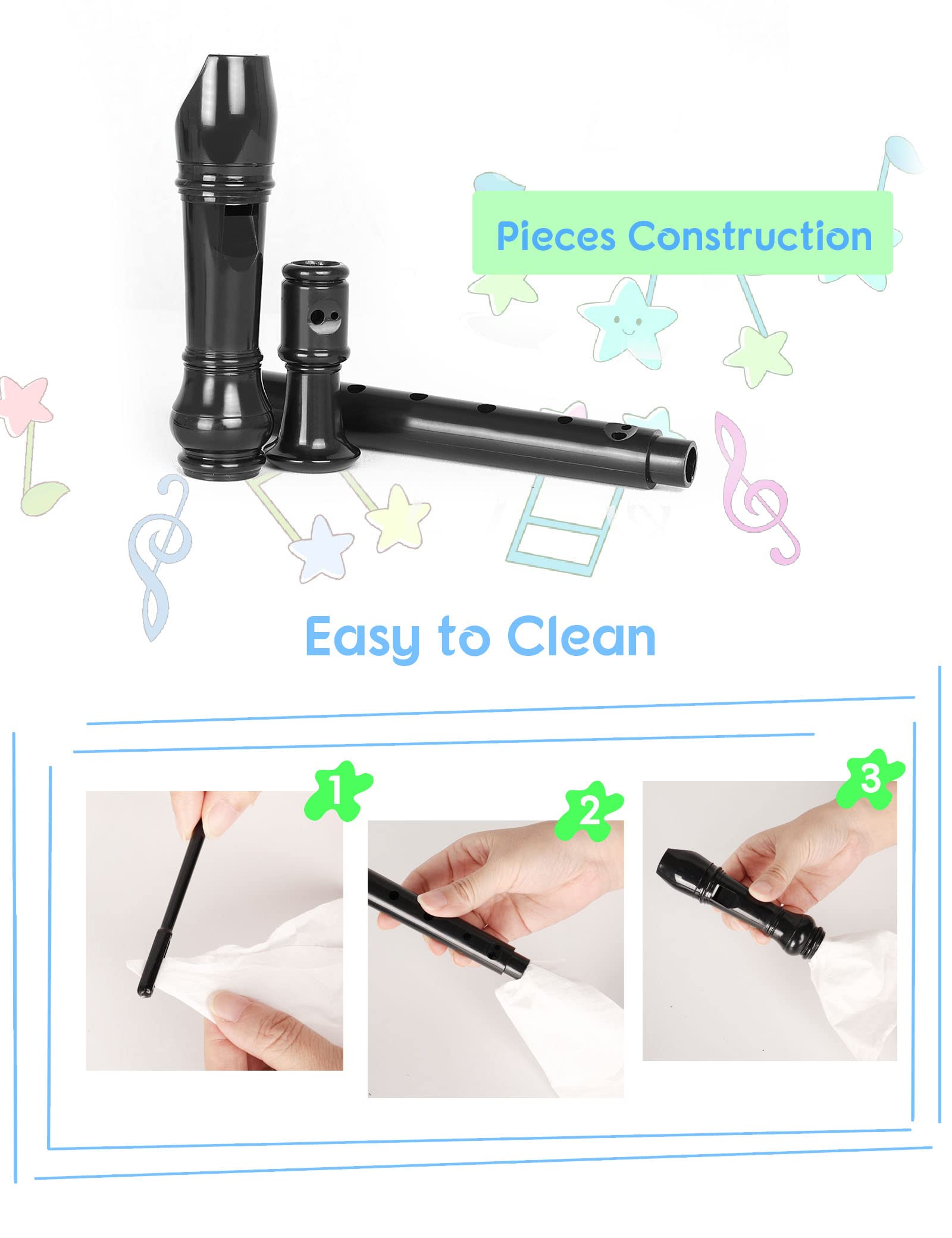 Mr.Power Soprano Recorder for Beginners School Students German Style C Key 8 Holes 3 Piece Instrument with Cleaning Rod, Thumb Rest, Fingering Chart, Packing Bag (Black)