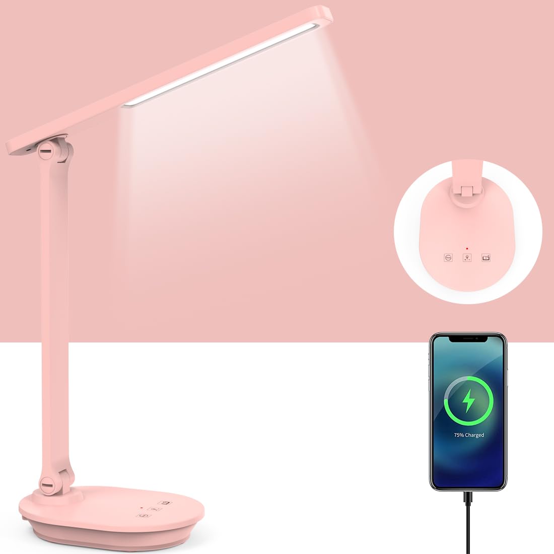 AQINGLING LED Desk Lamp with USB Charging Port Nightlight, Eye-Caring Desk Lights for Home Office, 5 Modes Dimmable, Auto Timer, Black