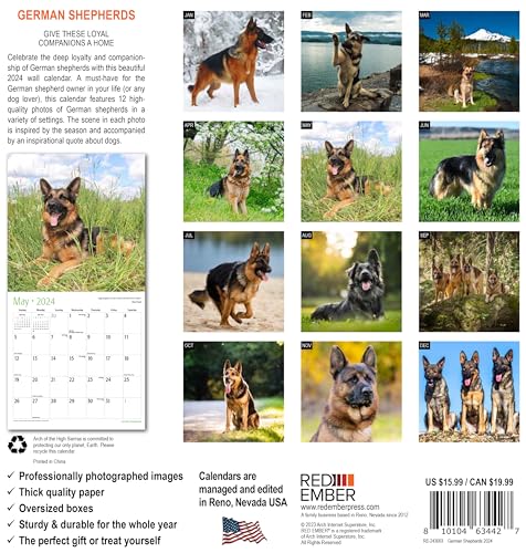 RED EMBER German Shepherds 2024 Wall Calendar 12 Month | 12" x 24" Open | Thick & Sturdy Paper | Giftable | Calendar 2024